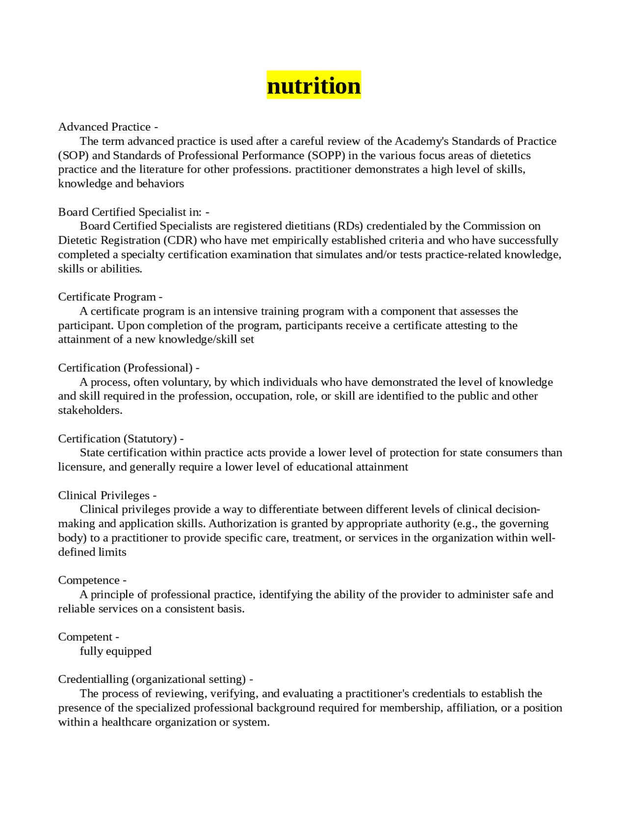 Nutrition Advanced Practice and Related Terms | Exams Dietetics | Docsity