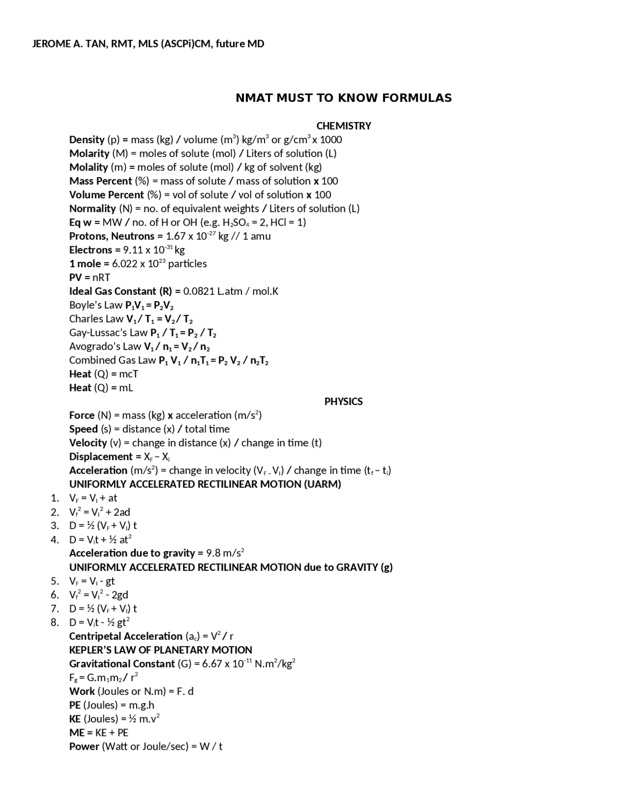 Formulas for NMAT application | Cheat Sheet Physics | Docsity