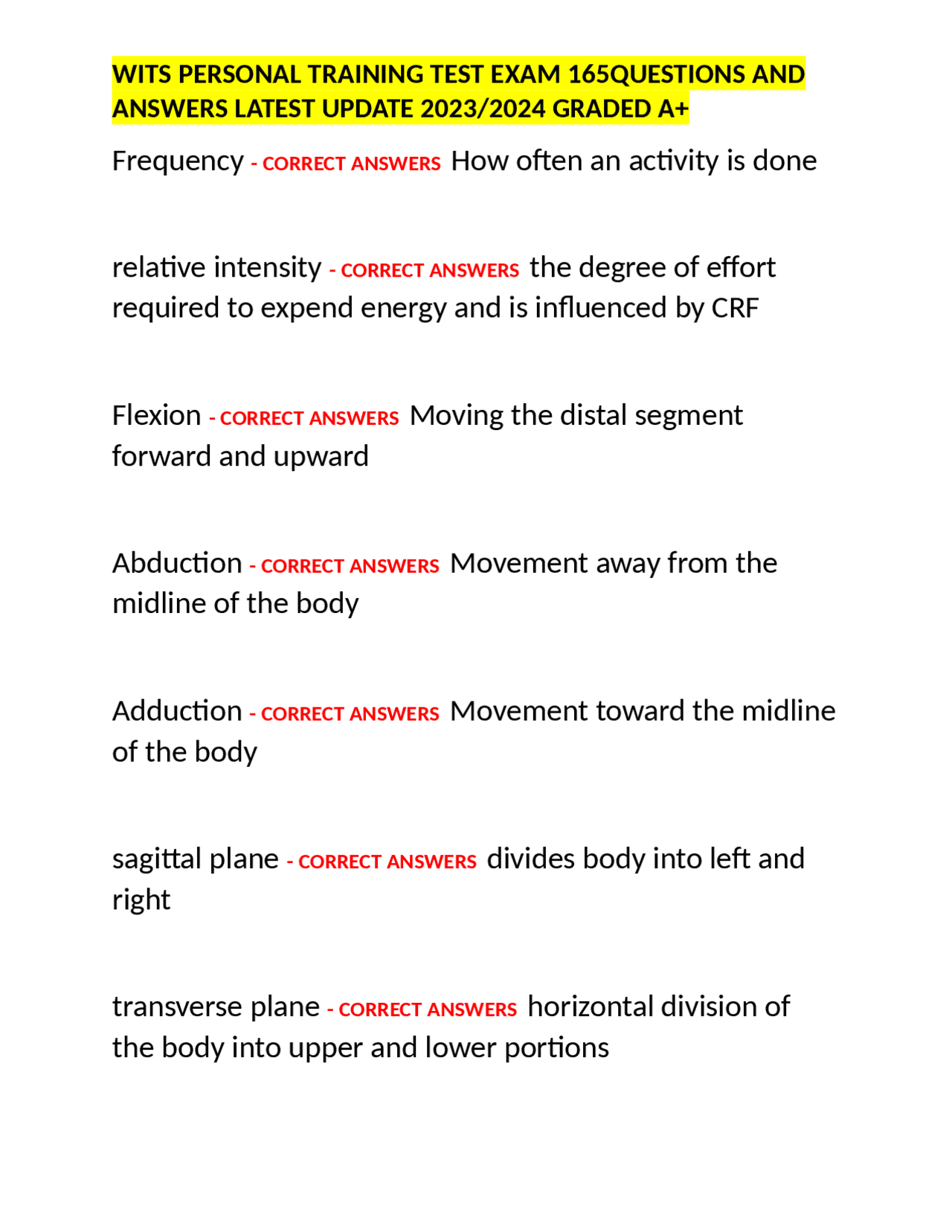 WITS Personal Training Test Exam 165 Questions and Answers | Exams ...