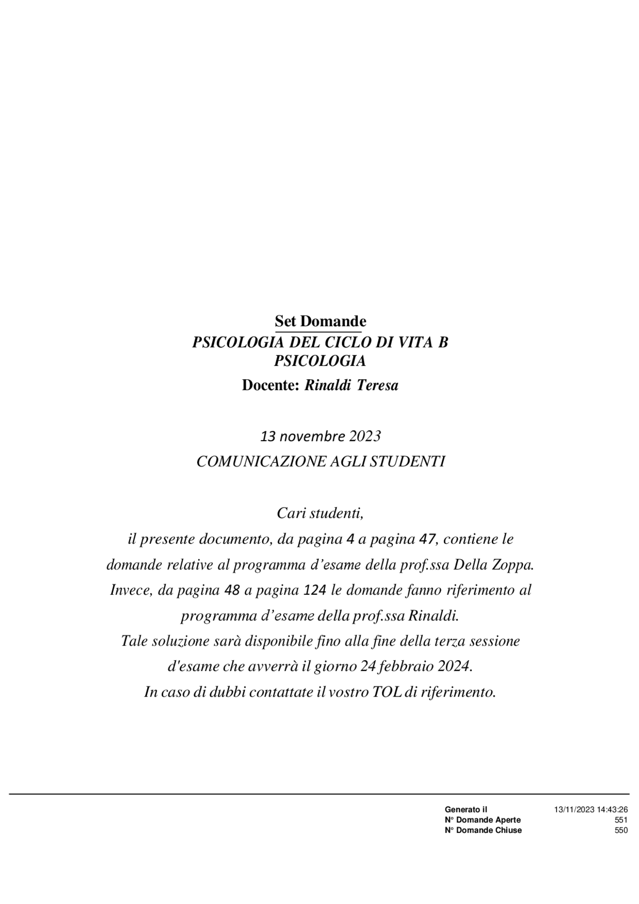 Paniere 2024 PSICOLOGIA DEL CICLO DI VITA B prof.ssa Rinaldi Teresa ...