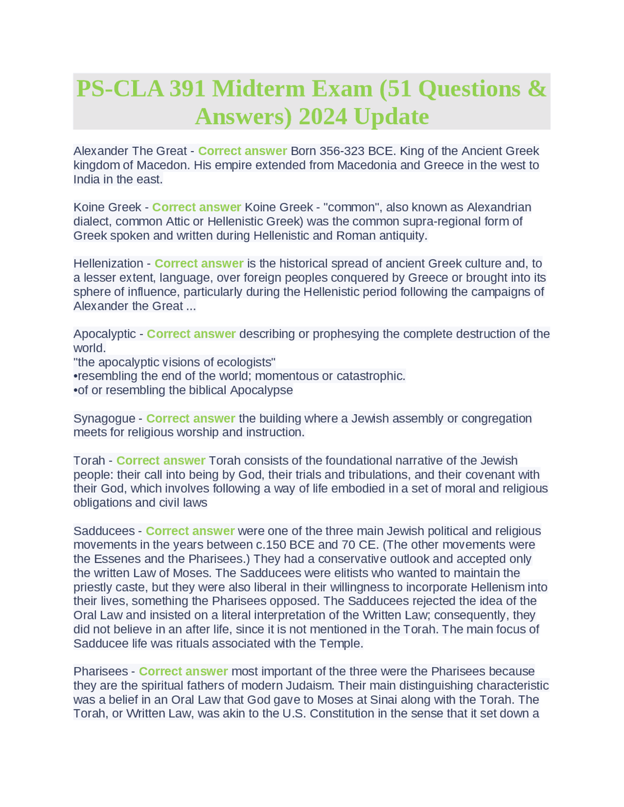 PS-CLA 391 Midterm Exam (51 Questions & Answers) 2024 Update | Exams ...