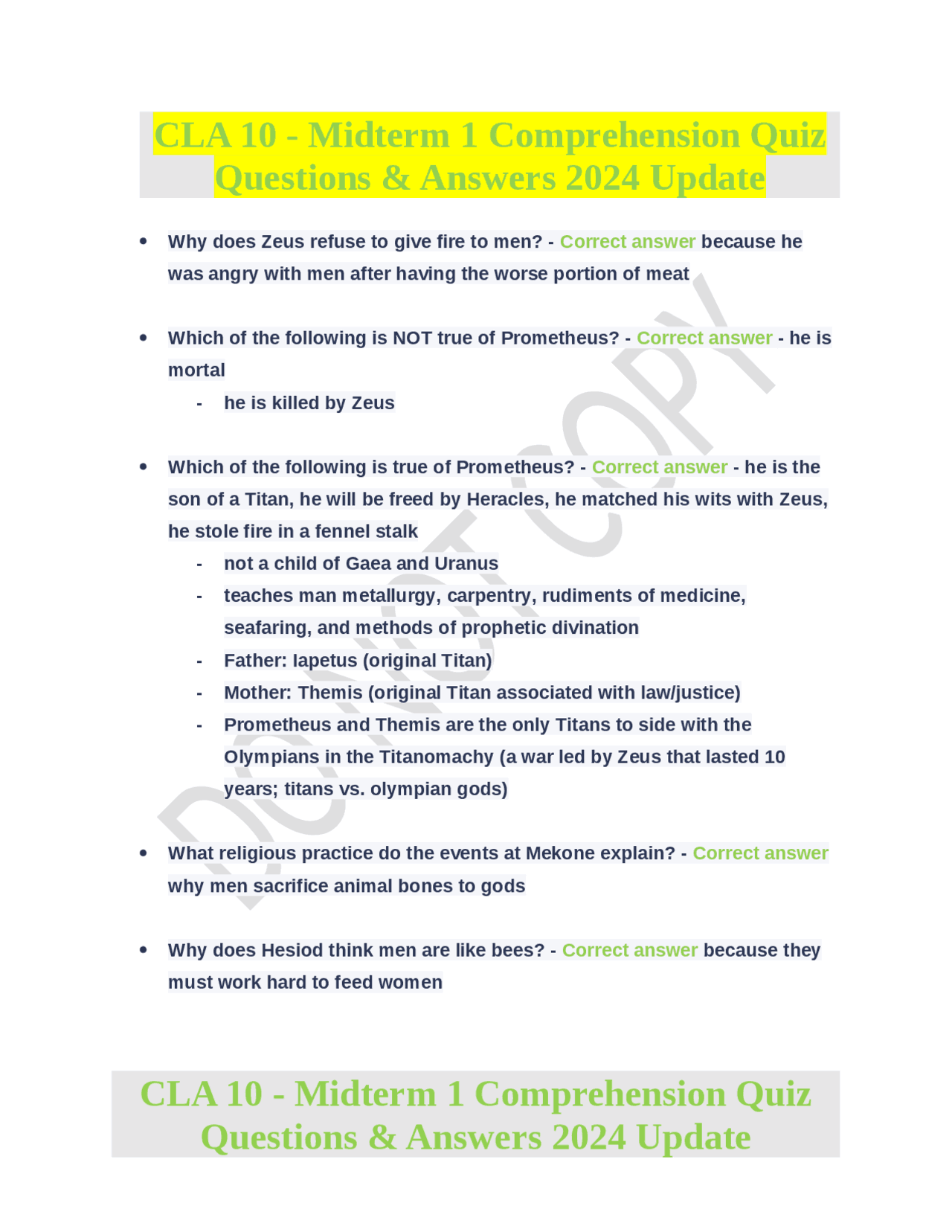 CLA 10 - Midterm 1 Comprehension Quiz Questions & Answers 2024 Update ...