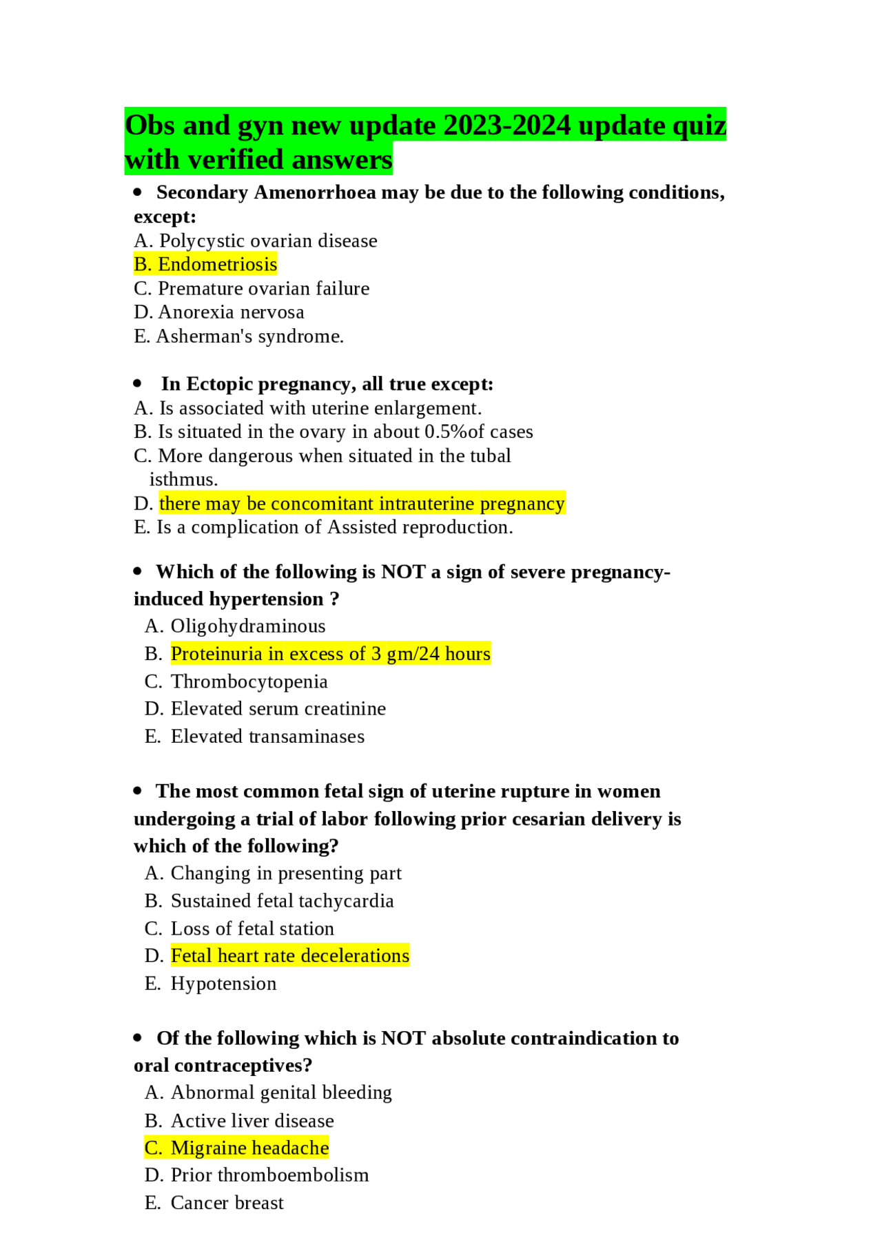 Obs and Gyn Quiz with Verified Answers | Exams Obstetrics | Docsity