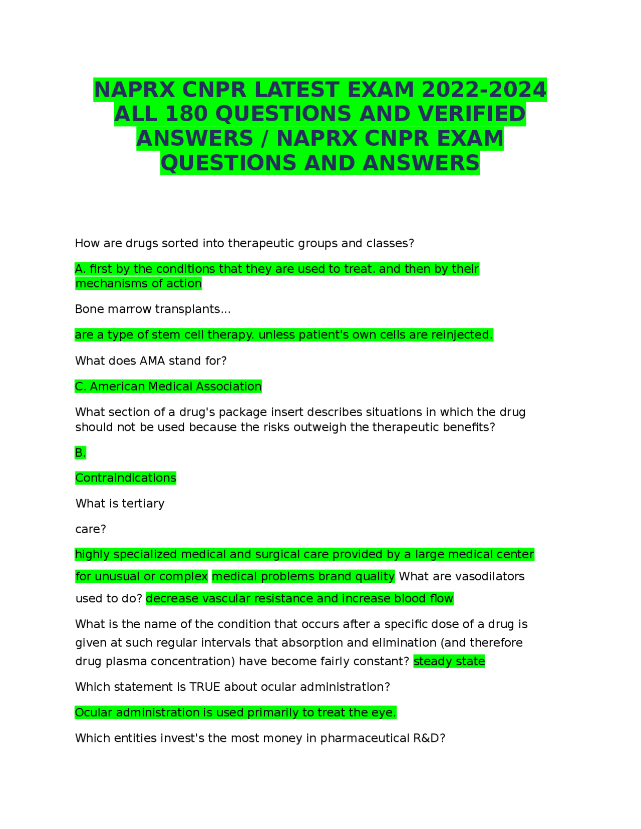 NAPRX CNPR LATEST EXAM 2022-2024 ALL 180 QUESTIONS AND VERIFIED ANSWERS ...