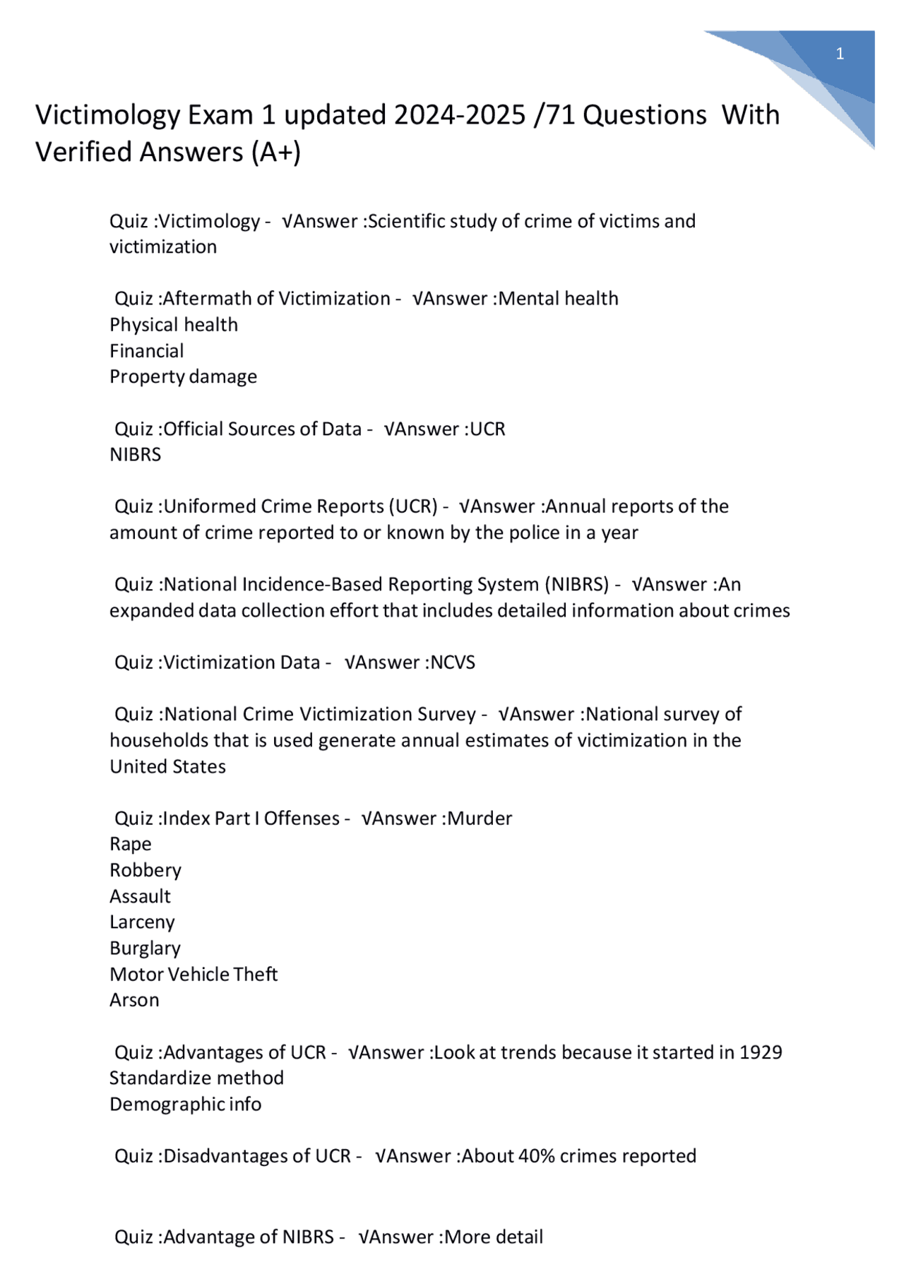 Victimology Exam 1 updated 2024-2025 /71 Questions With Verified ...