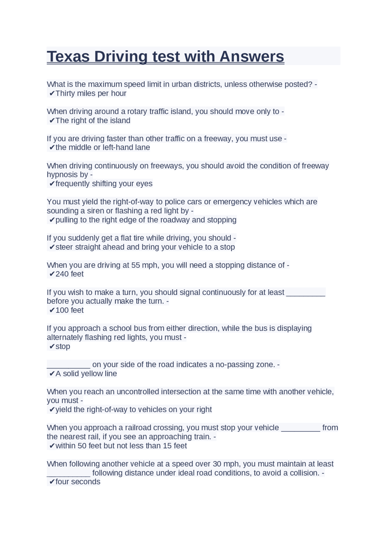 Texas Driving Test with Answers | Exams Social structure and social ...