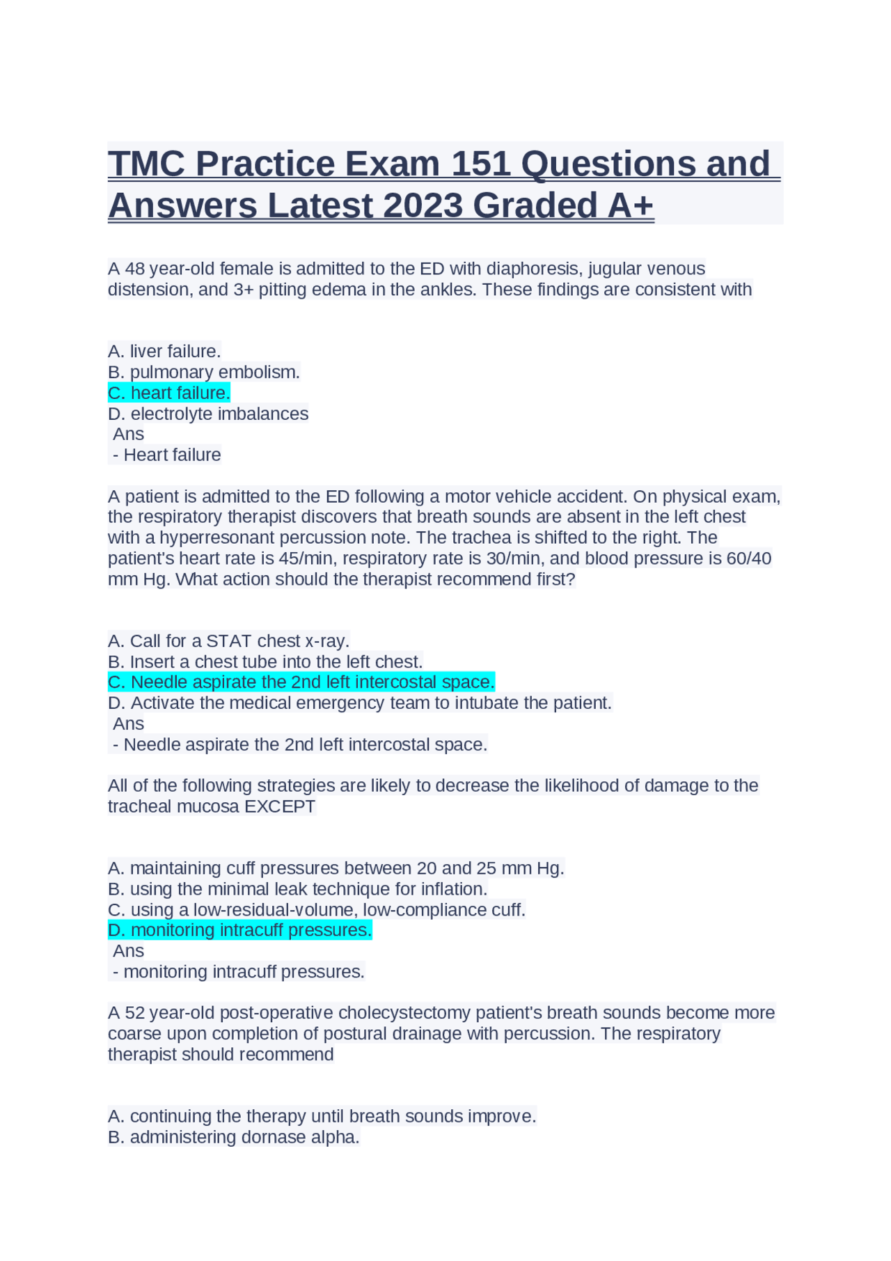 TMC Practice Exam 151 Questions and Answers Latest 2023 Graded A+ ...