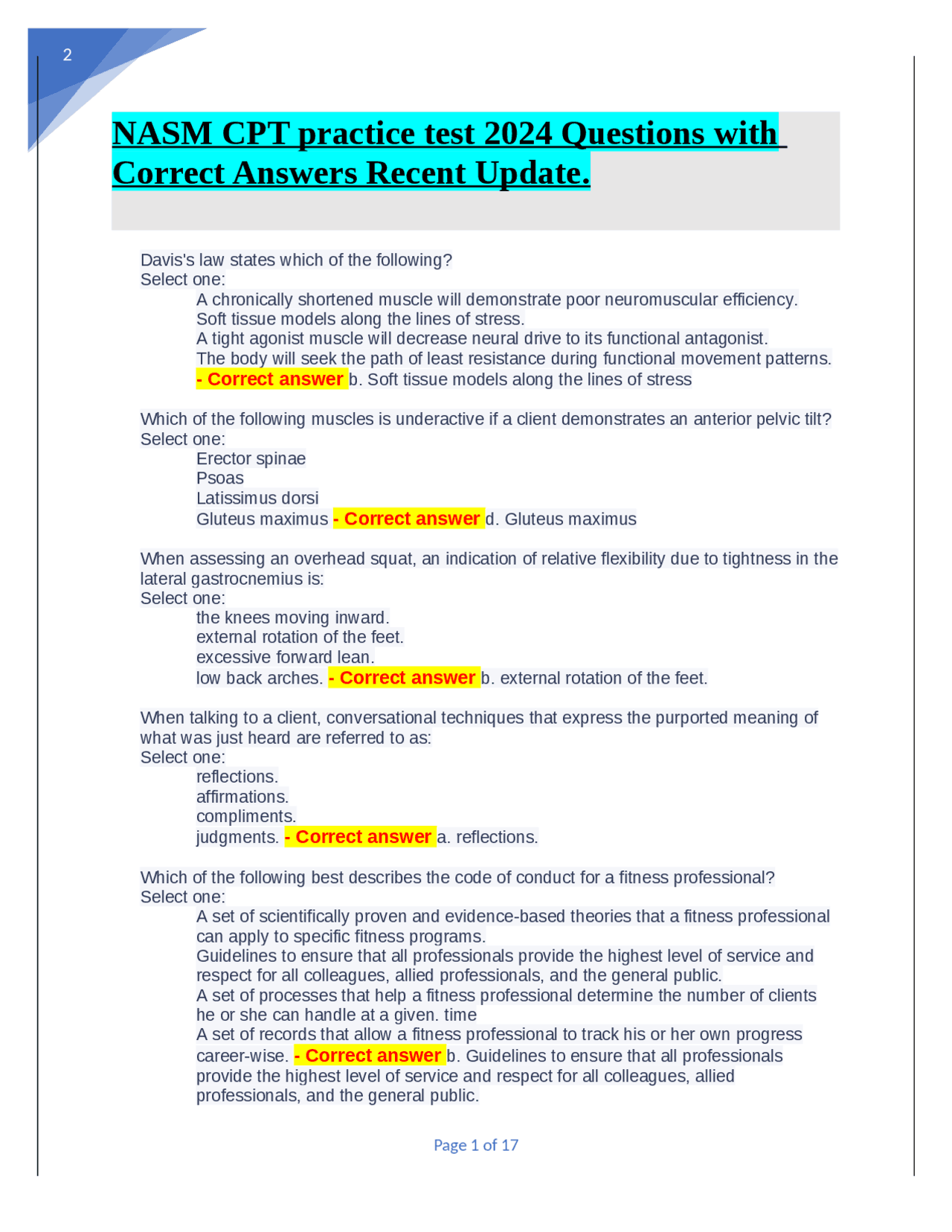NASM CPT practice test 2024 Questions with Correct Answers Recent ...