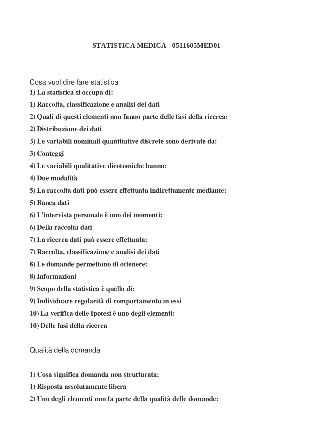 Statistica medica -0511605MED01 | Panieri di Scienze Motorie | Docsity