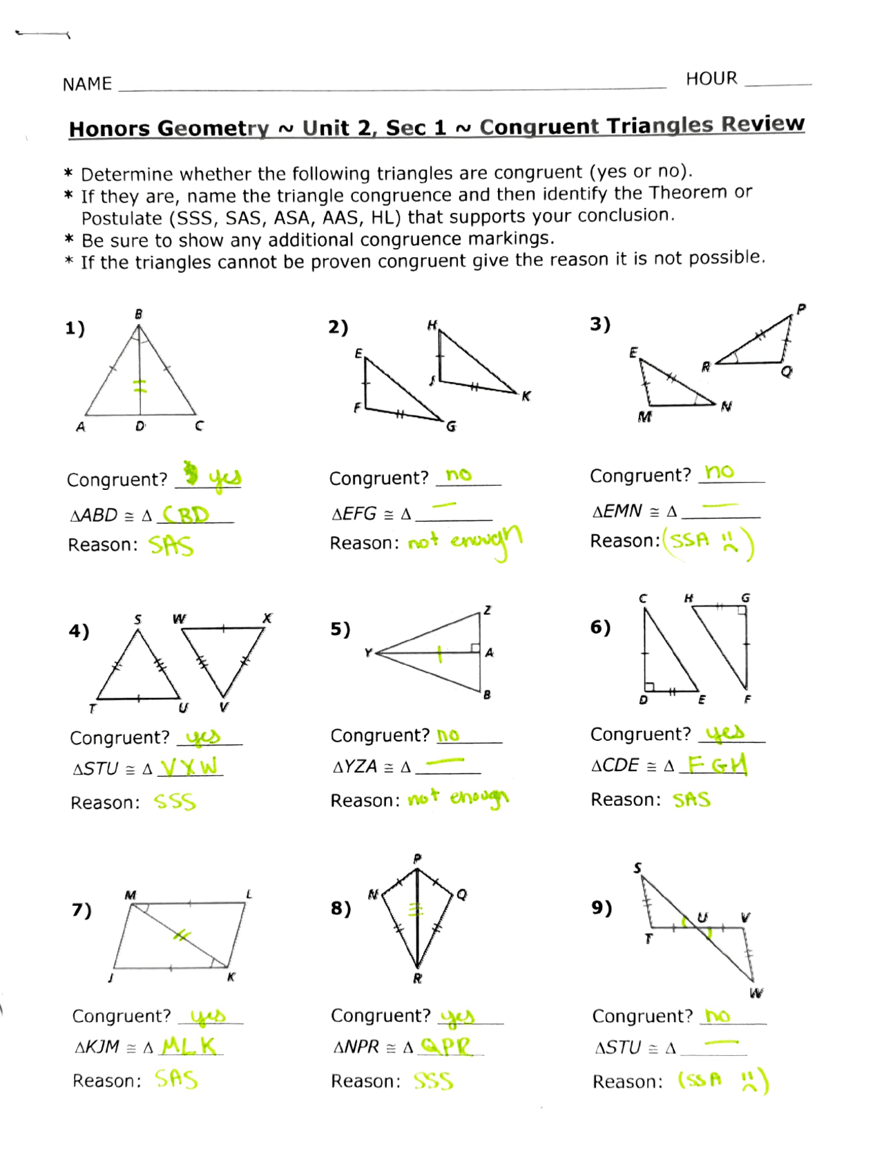 Congruent Triangles Review: Honors Geometry Unit 2, Sec 1 | Assignments Chemistry | Docsity