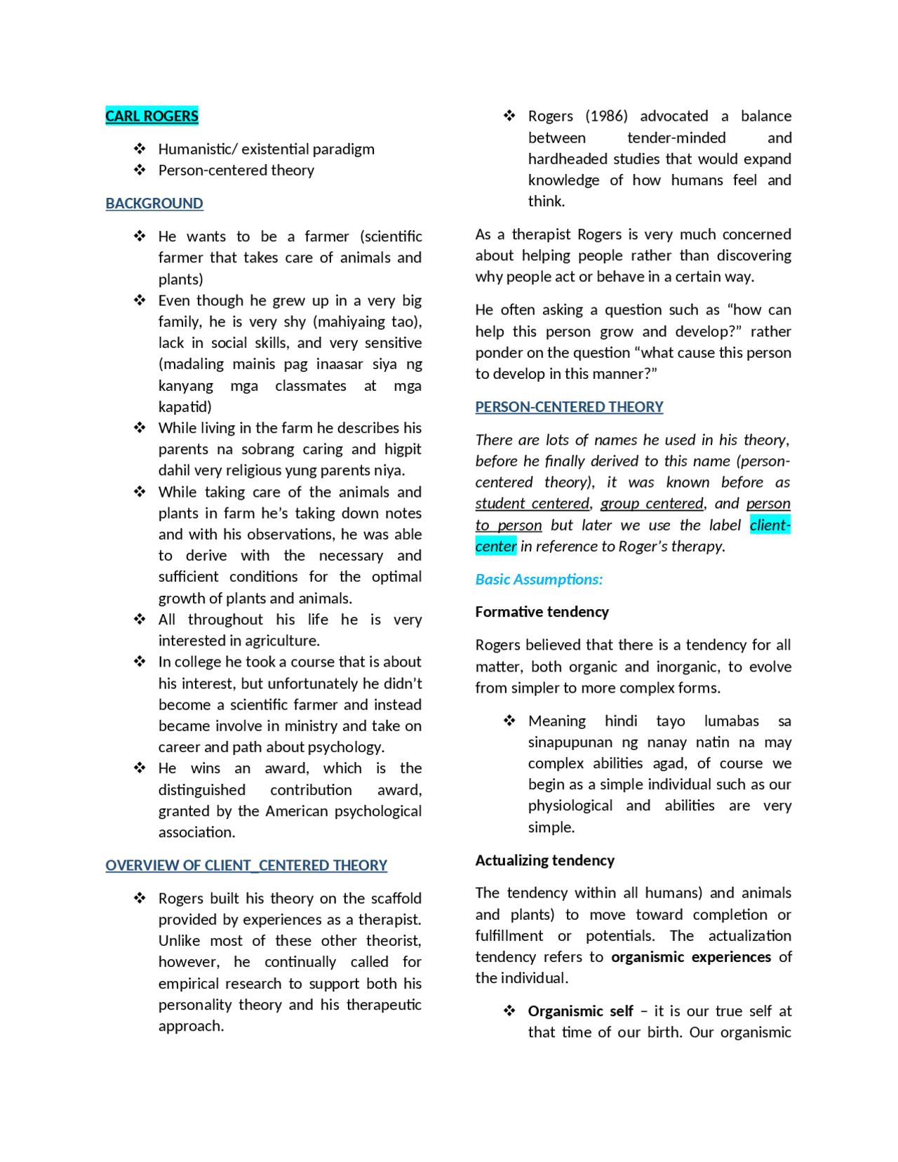Carl Rogers and Person-Centered Theory | Lecture notes Psychology | Docsity