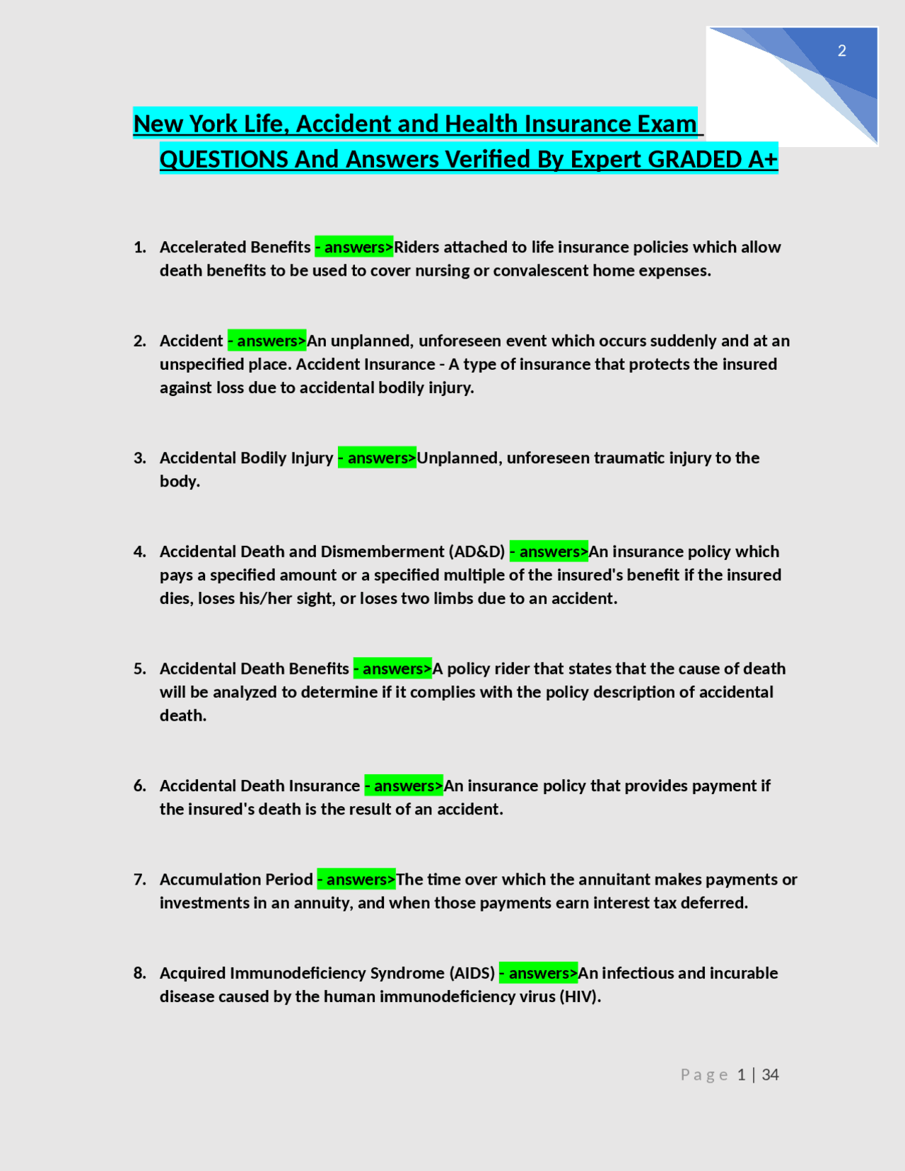 New York Life, Accident and Health Insurance Exam Questions and Answers ...