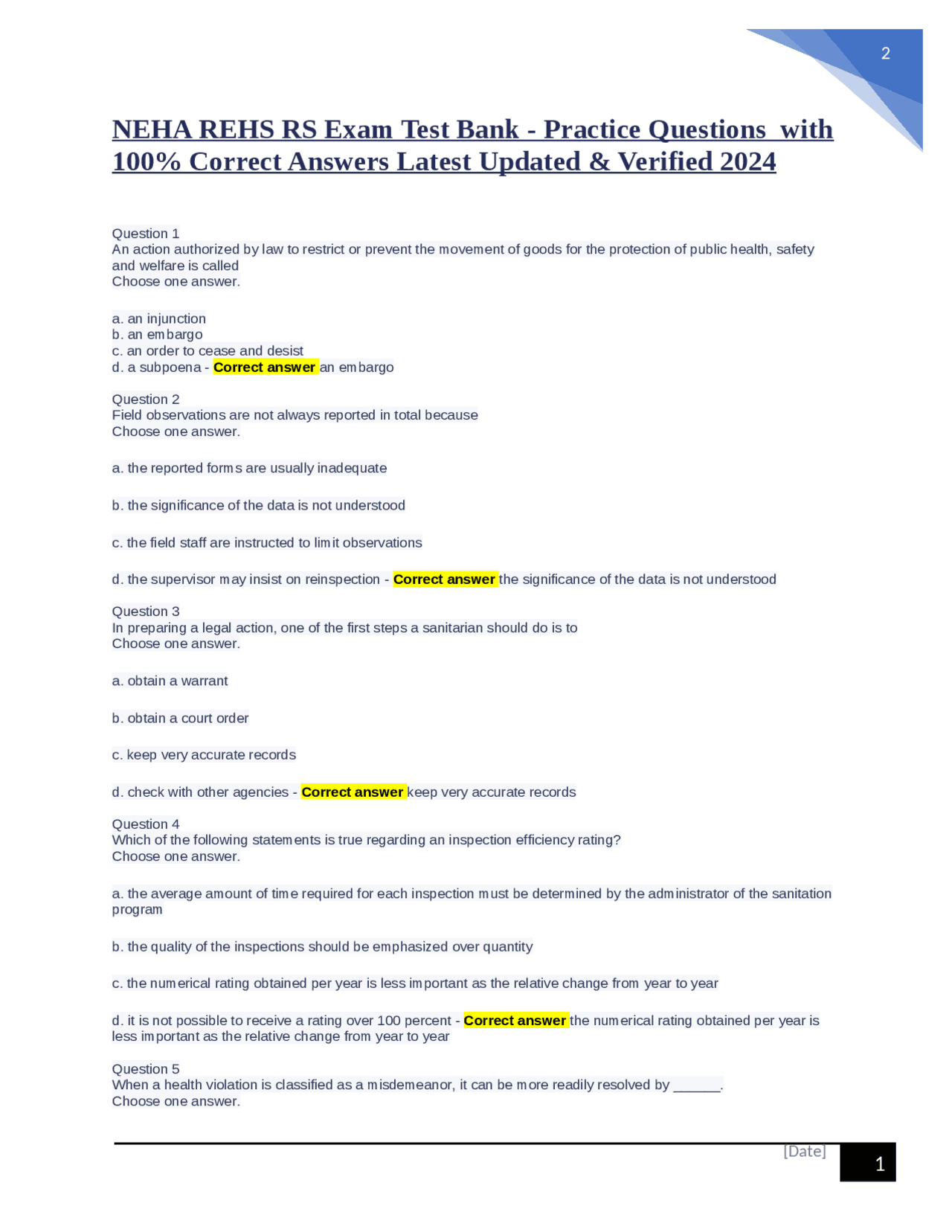 NEHA REHS RS Exam Test Bank - Practice Questions with 100% Correct ...