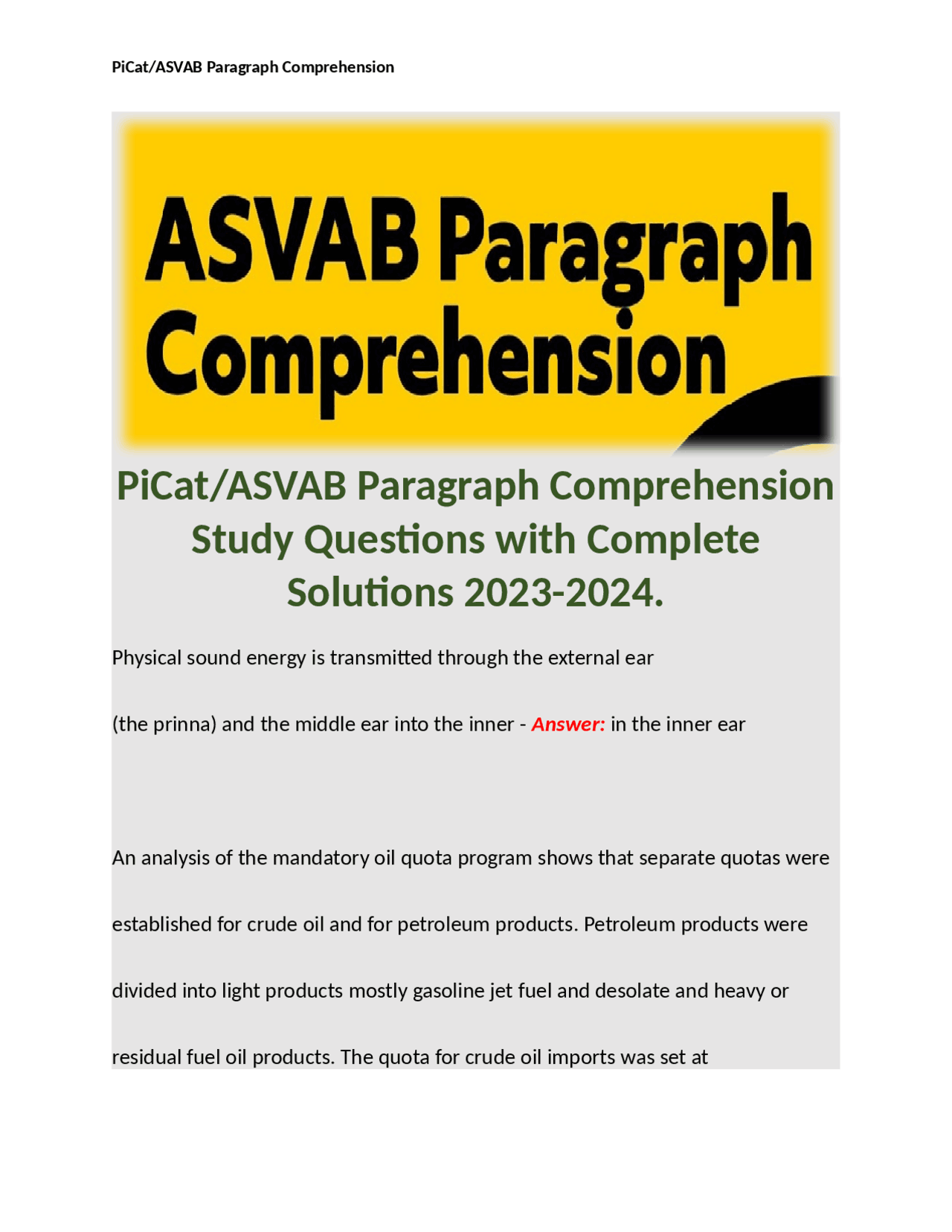 PiCat/ASVAB Paragraph Comprehension | Exams Nursing | Docsity