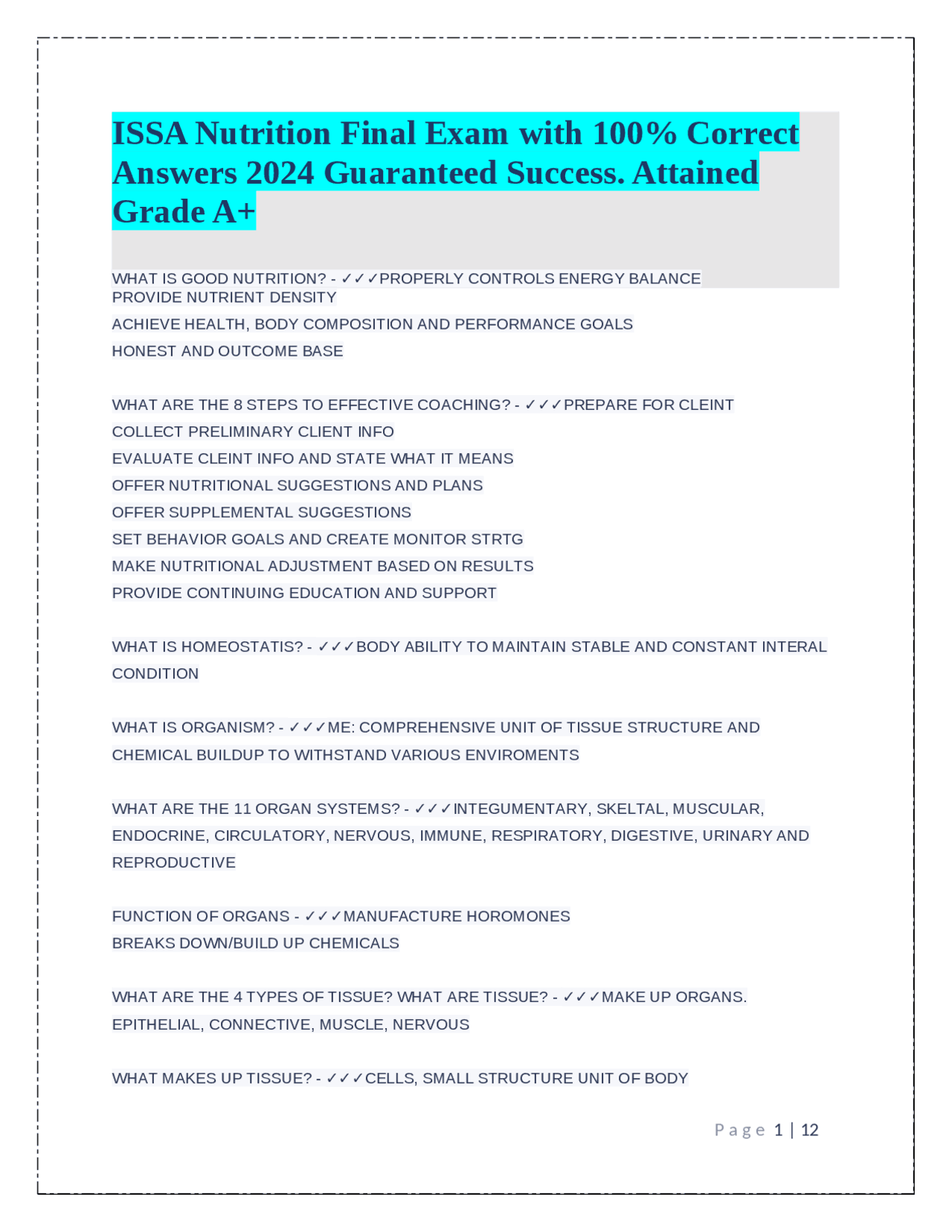 ISSA Nutrition Final Exam with 100% Correct Answers 2024 Guaranteed ...