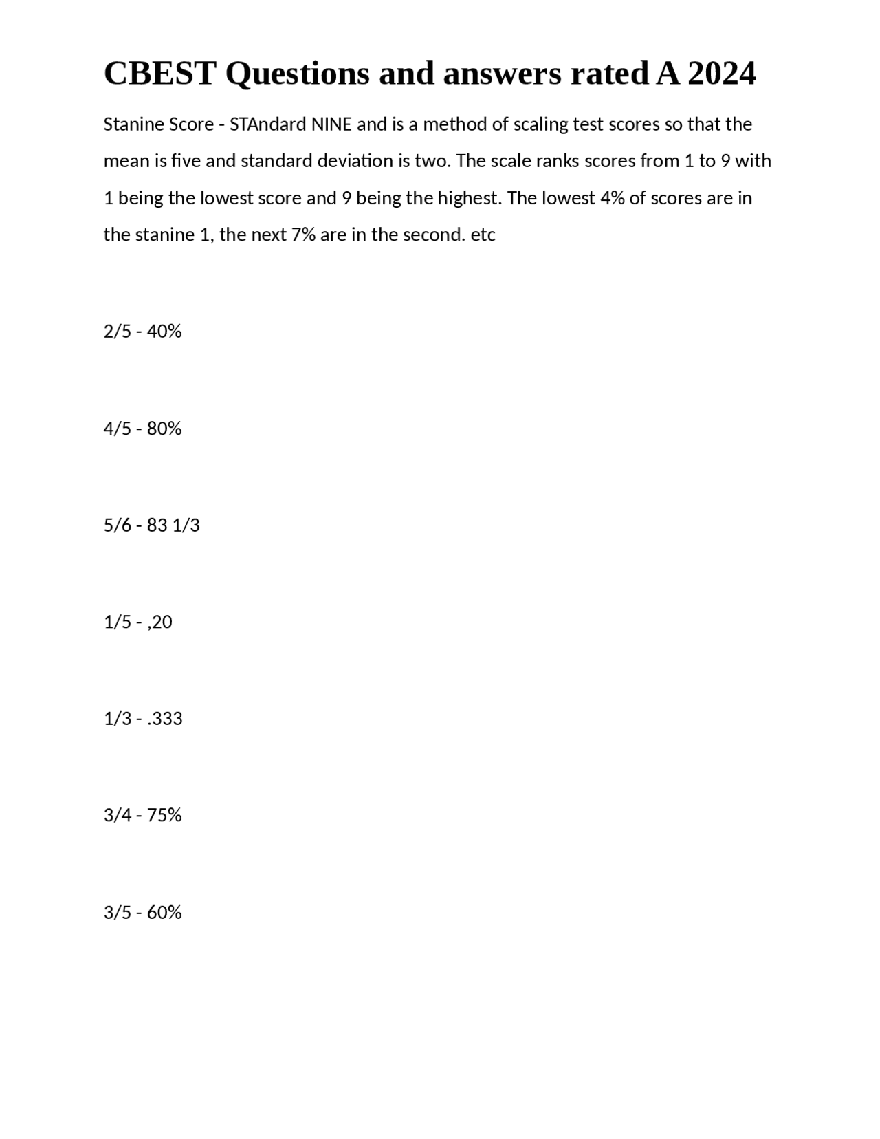 CBEST Questions and Answers | Exams Nursing | Docsity