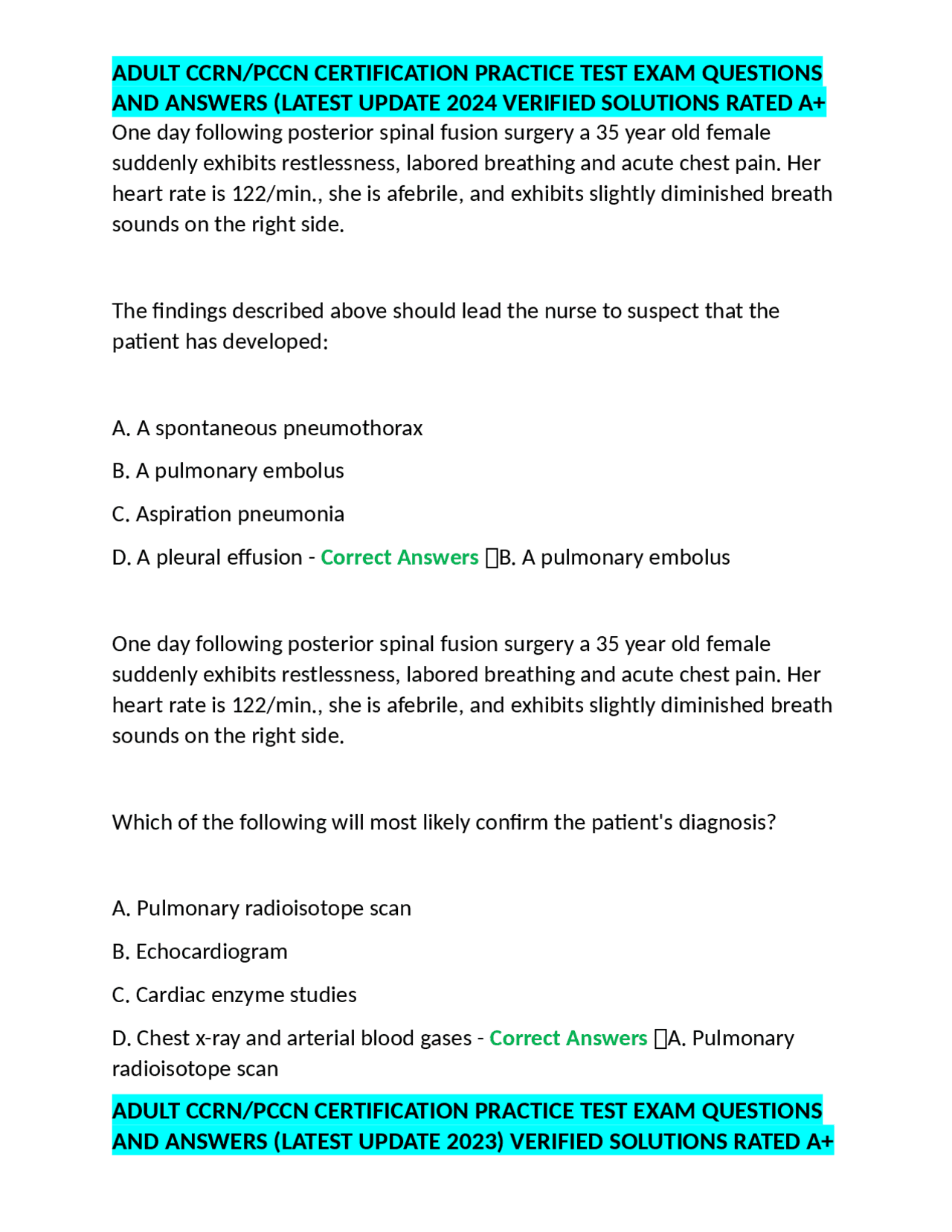 ADULT CCRN/PCCN CERTIFICATION PRACTICE TEST EXAM QUESTIONS AND ANSWERS ...