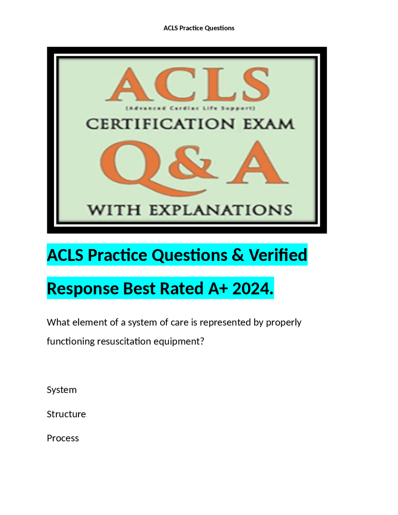ACLS Practice Questions & Verified Response Best Rated A+ 2024. | Exams ...