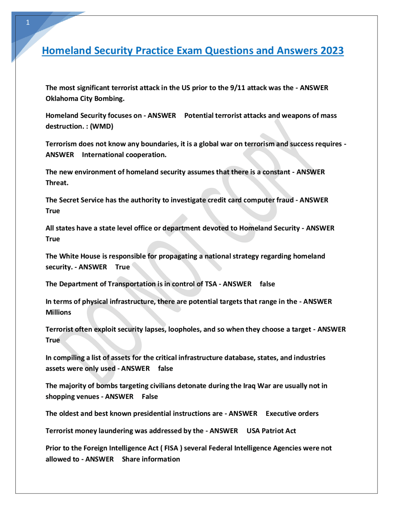 Homeland Security Practice Exam Questions and Answers 2023 | Exams ...