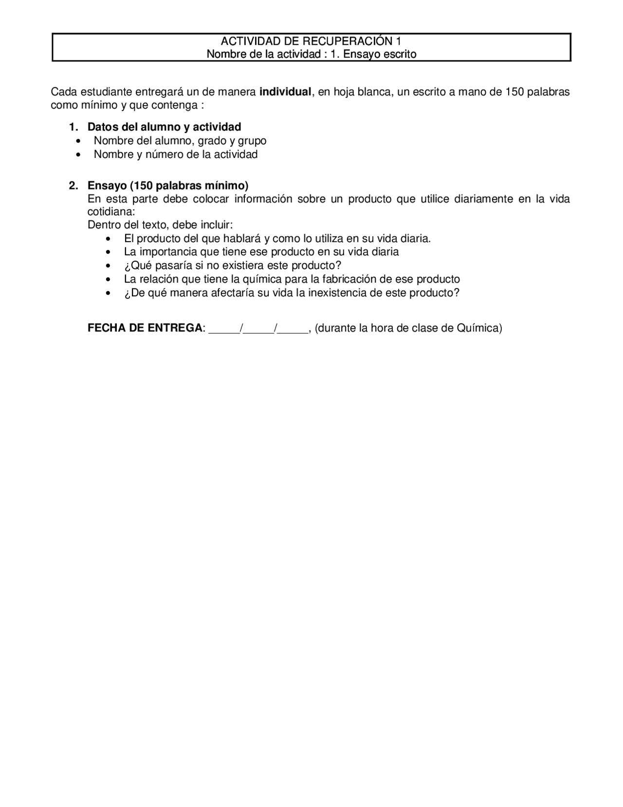 Actividades para recuperación | Ejercicios de Química | Docsity