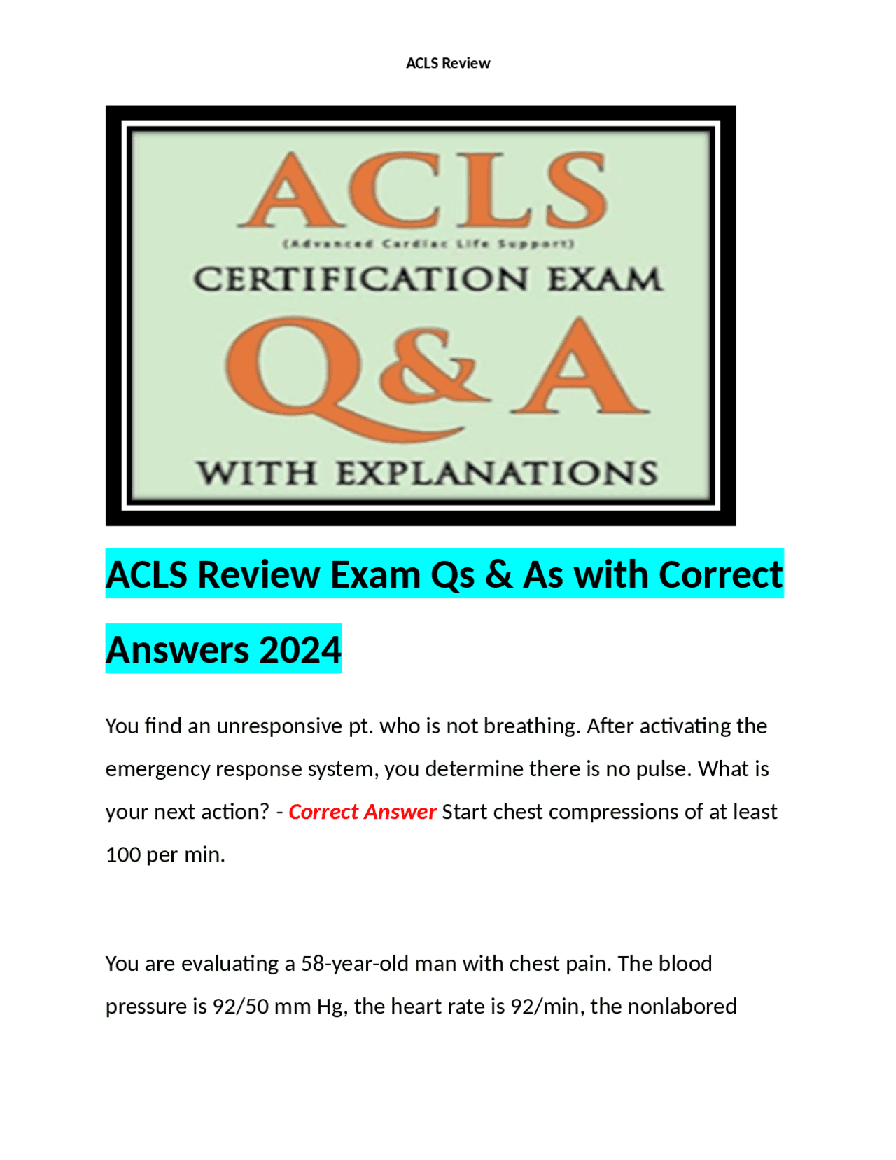 ACLS Review Exam Qs & As with Correct Answers 2024 | Exams Nursing ...