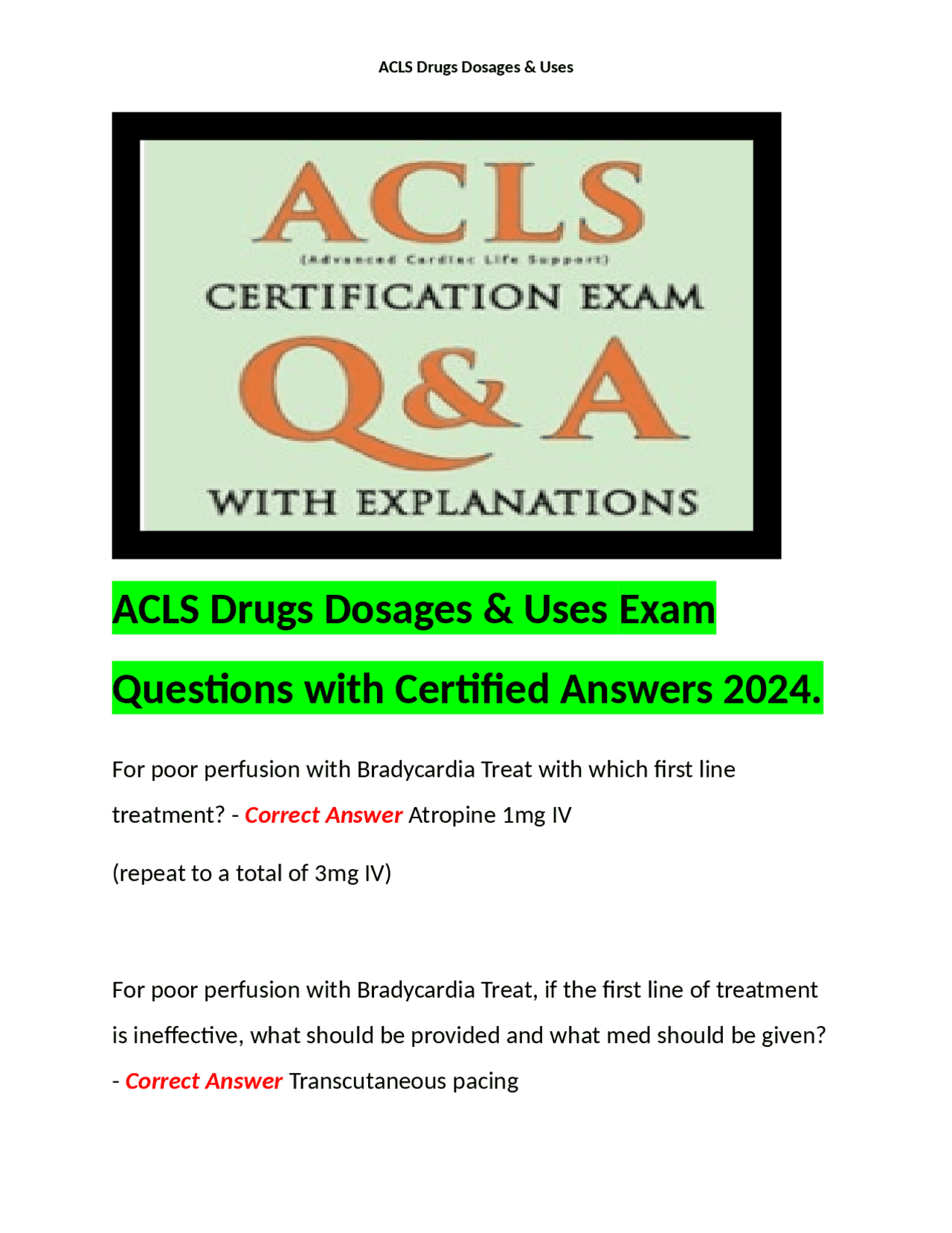 ACLS Drugs Dosages & Uses Exam Questions with Certified Answers 2024 ...