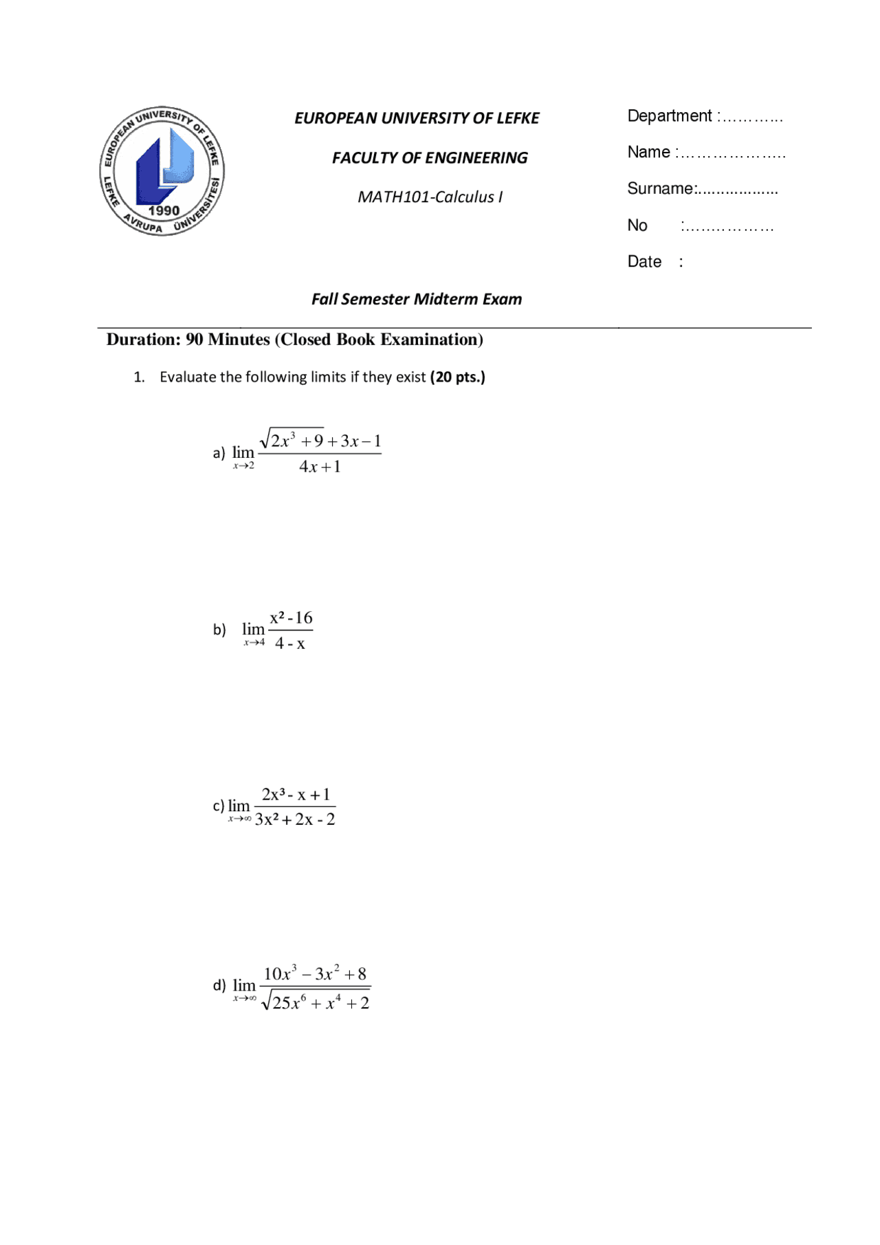 math 101 calculus 1 vize | Exams Mathematics | Docsity