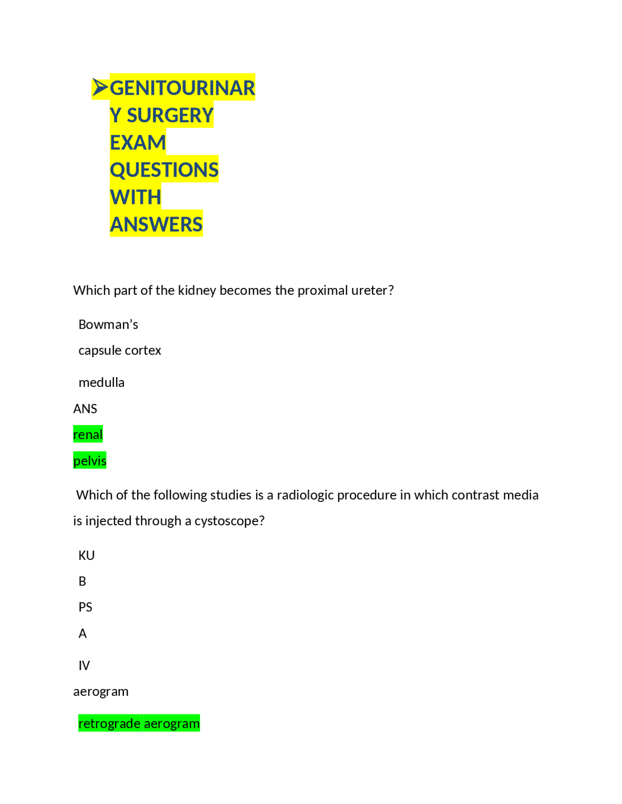 Genitourinary Surgery Exam Questions with Answers | Exams Nursing | Docsity