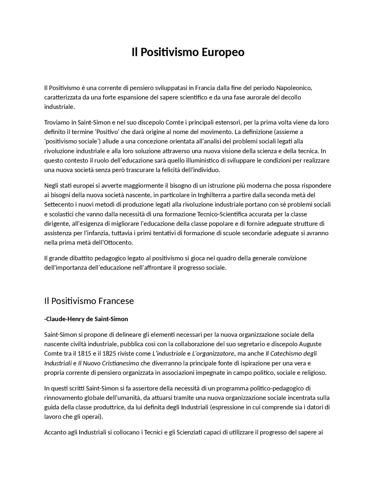 Il Positivismo in Francia, Saint-Simon e Comte | Appunti di Pedagogia ...