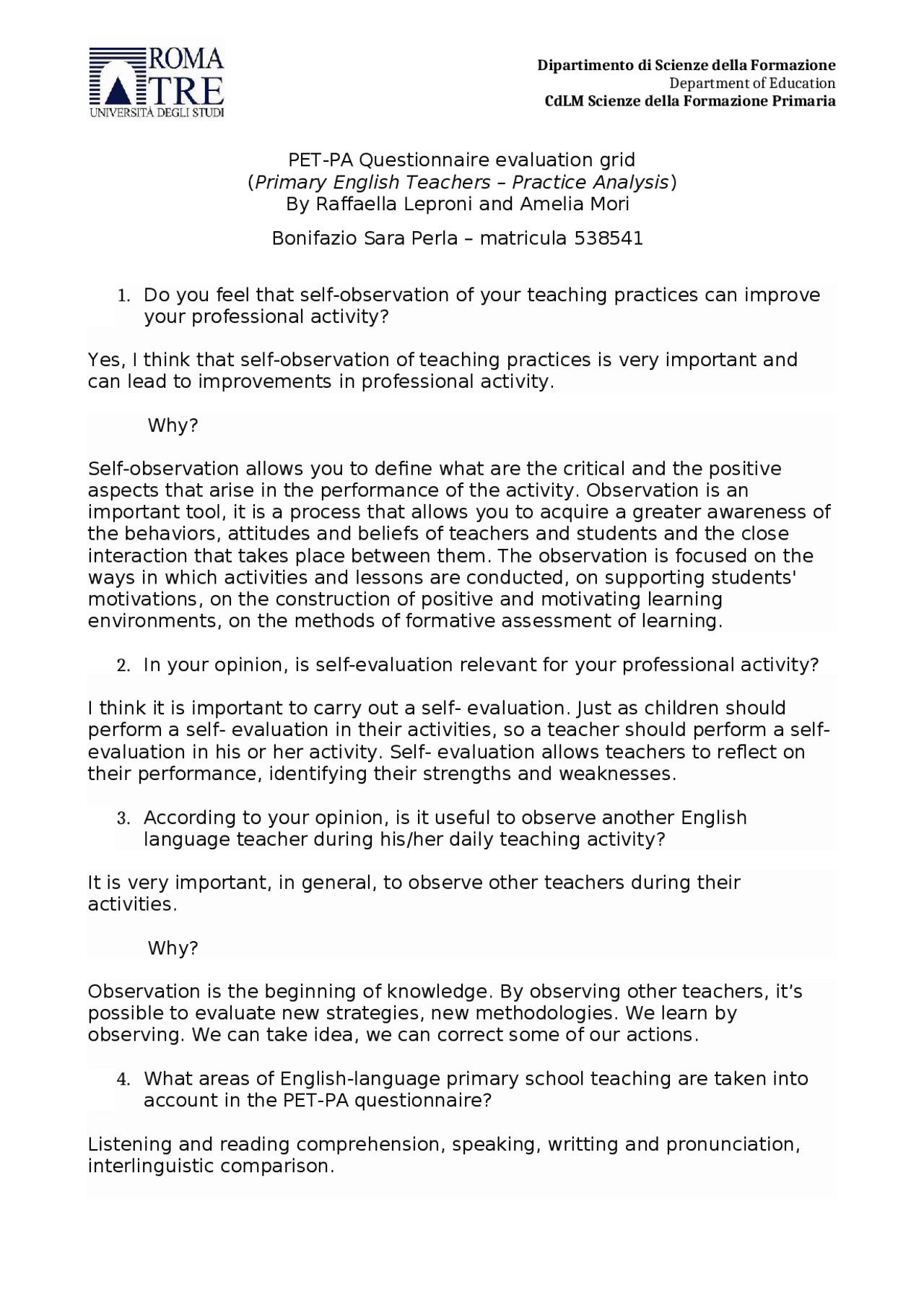 PET-PA evaluation questionnaire | Prove d'esame di Lingua Inglese | Docsity