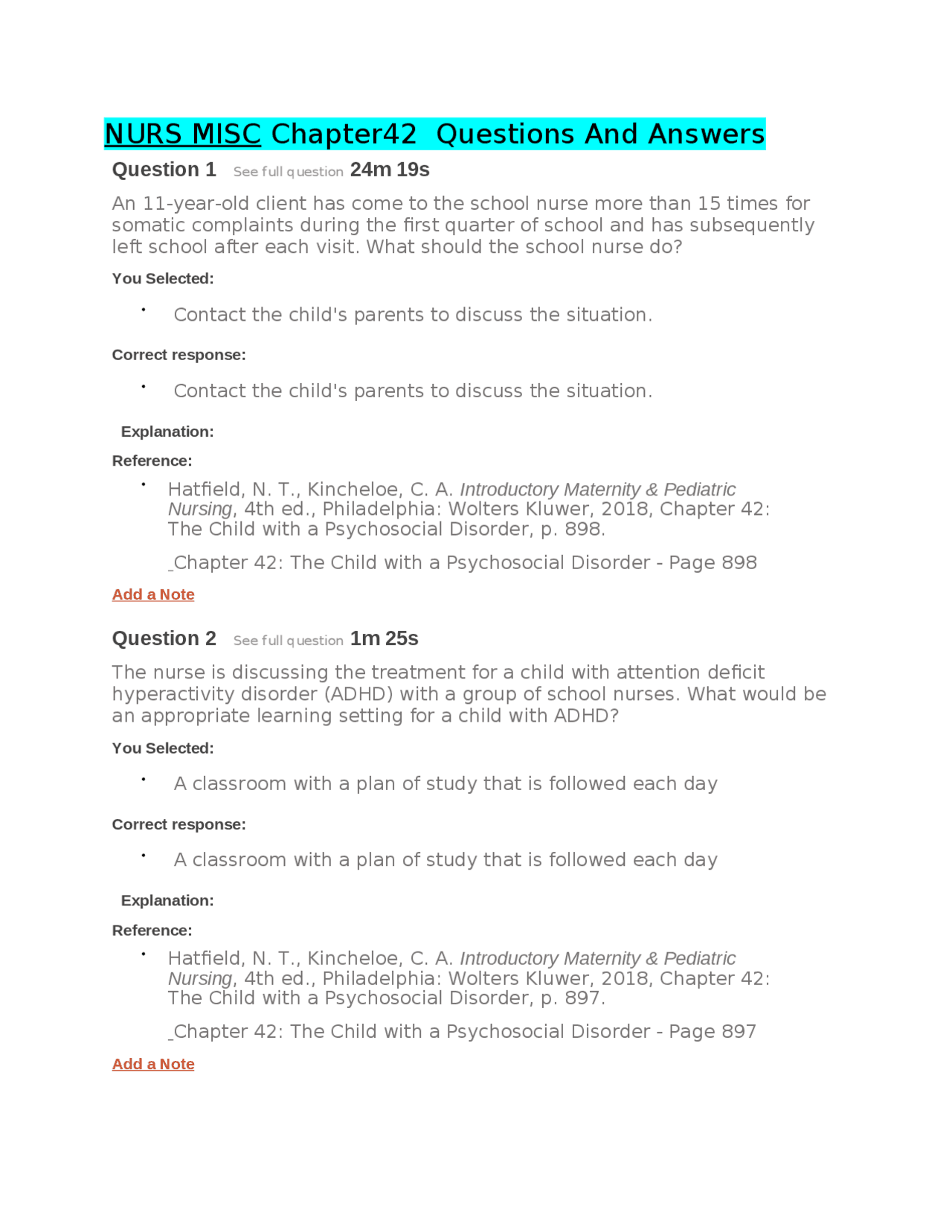 NURS MISC Chapter42 Questions And Answers | Exams Nursing | Docsity