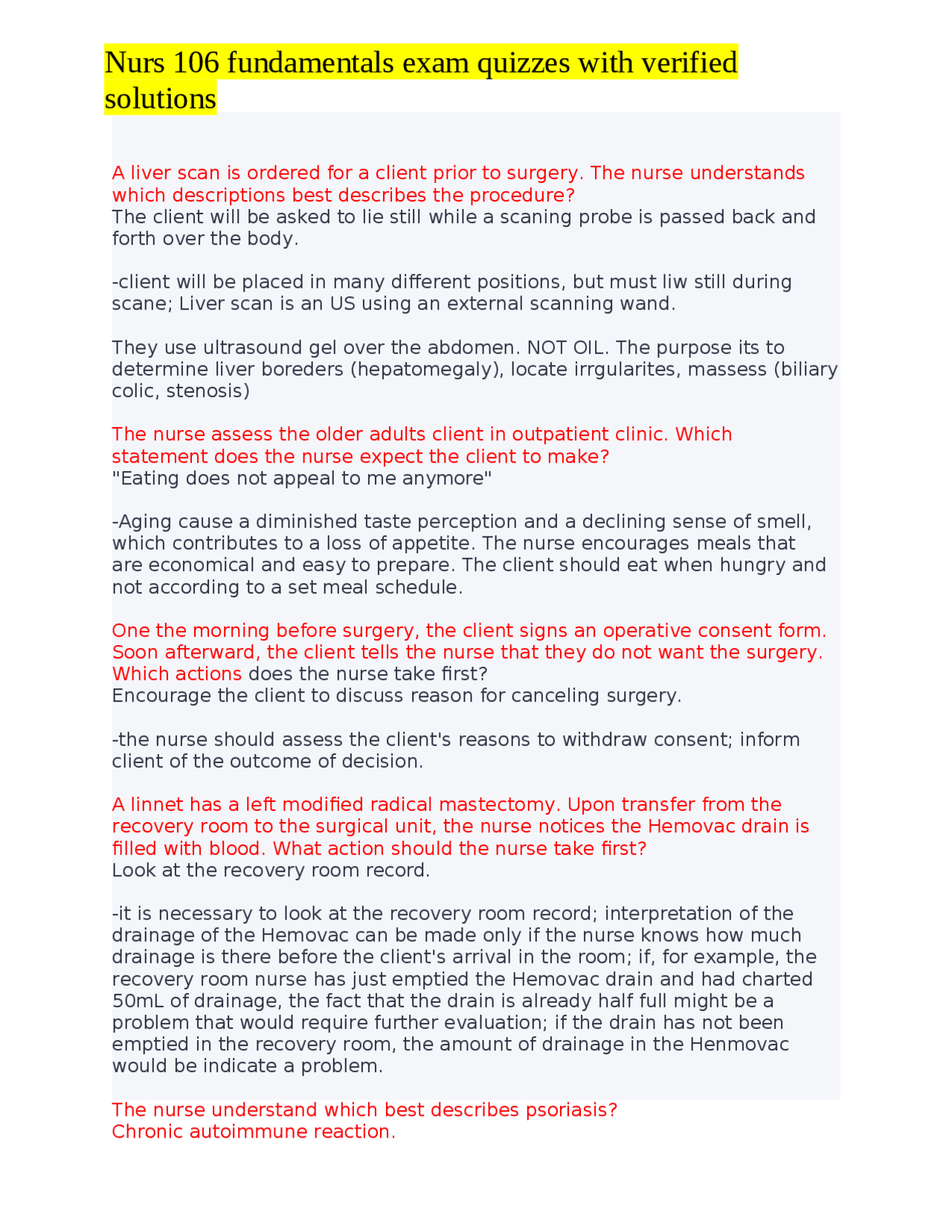 Nurs 106 fundamentals exam quizzes with verified solutions | Exams ...