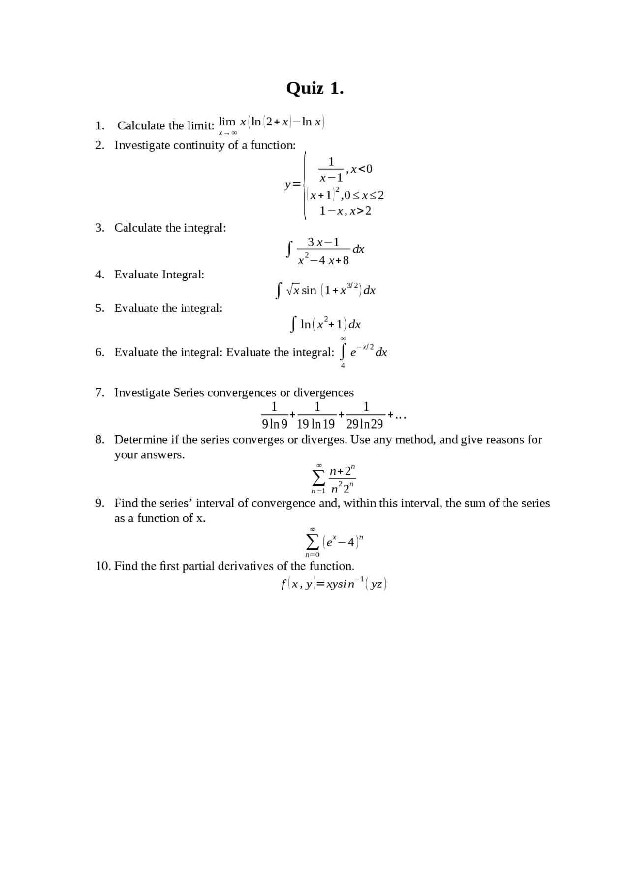 Math Quizzes: Limits, Continuity, Integration, Series, and Derivatives ...