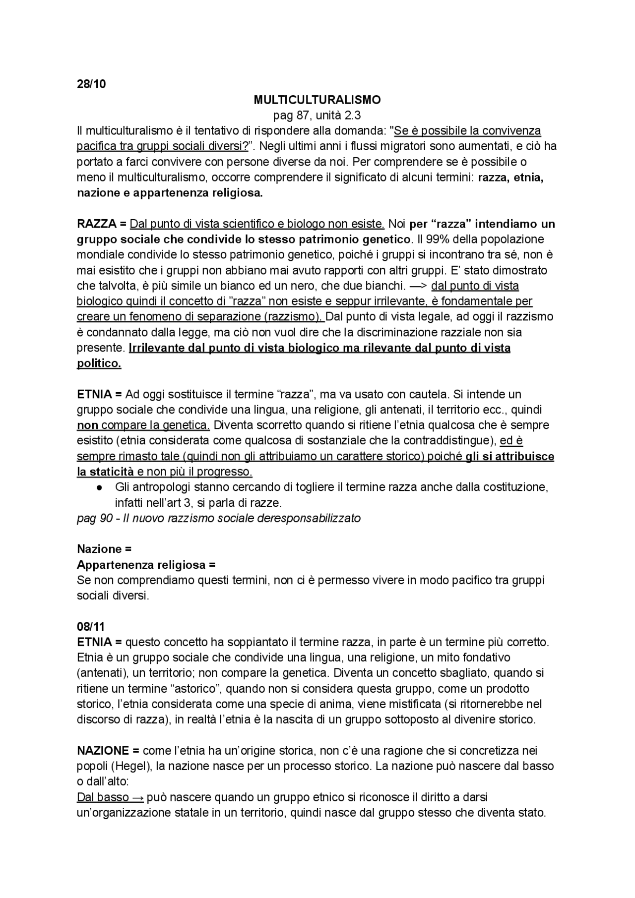 Il multiculturalismo | Appunti di Sociologia | Docsity