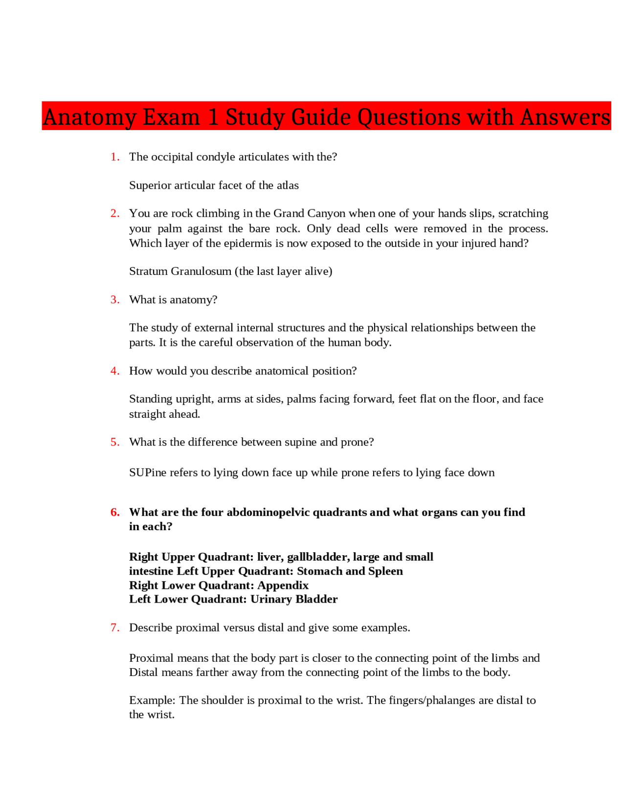 Anatomy Exam 1 Study Guide Questions with Answers | Exams Nursing | Docsity
