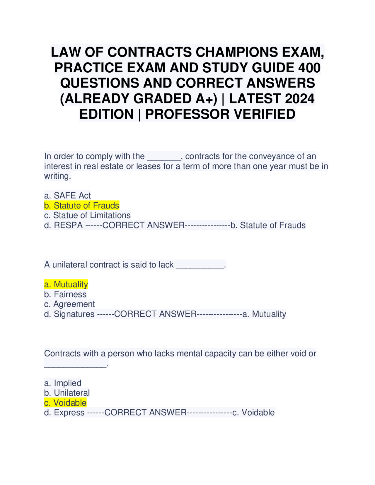 LAW OF CONTRACTS CHAMPIONS EXAM, PRACTICE EXAM AND STUDY GUIDE 400 QUESTIONS AND ANSWERS | Exams ...