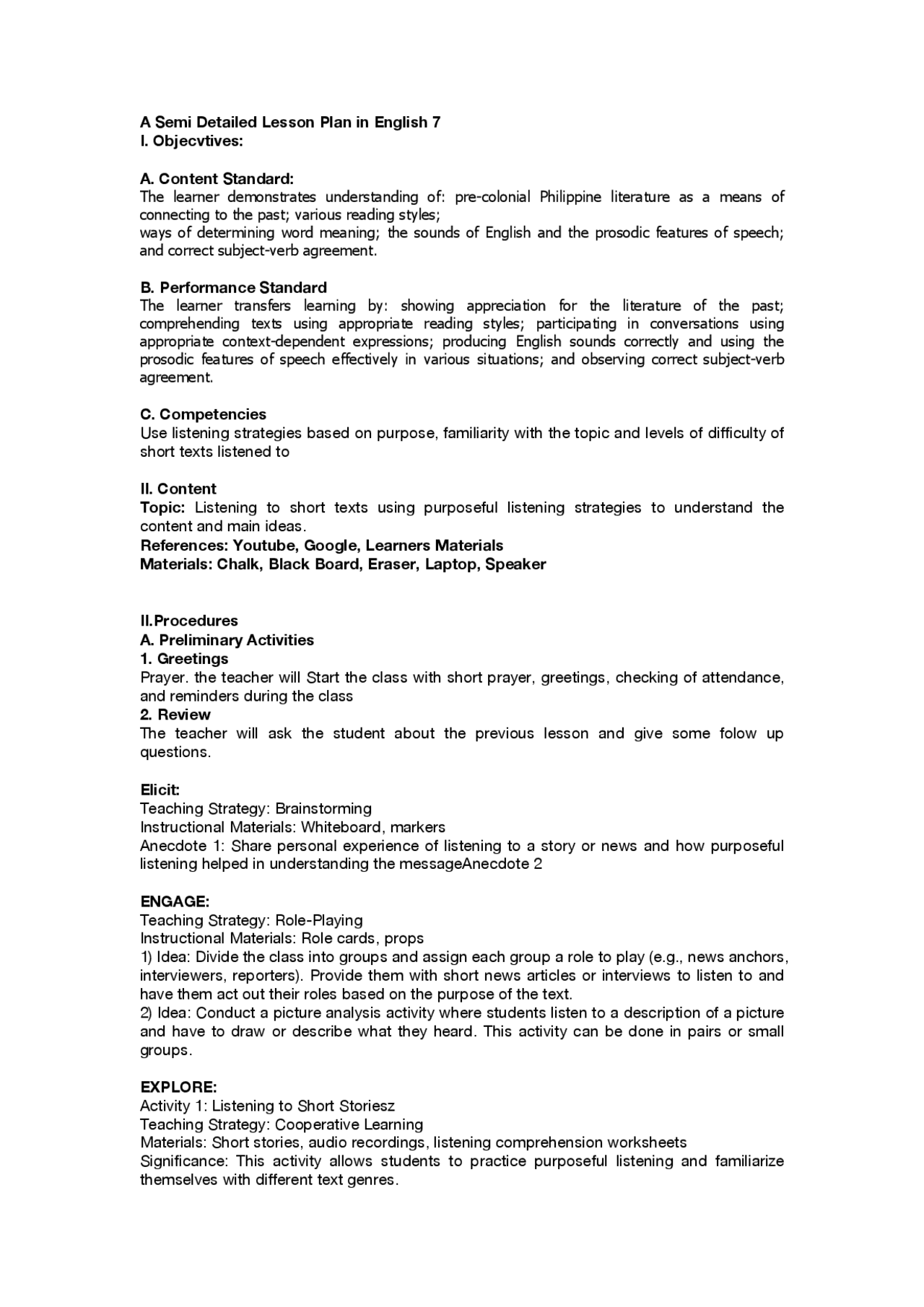 This document is an example of the semi-detailed lesson plan in English 7 for 2nd quarter ...