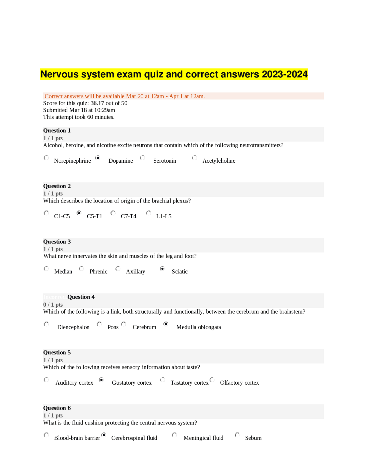 Nervous System Exam Quiz and Correct Answers | Exams Nursing | Docsity
