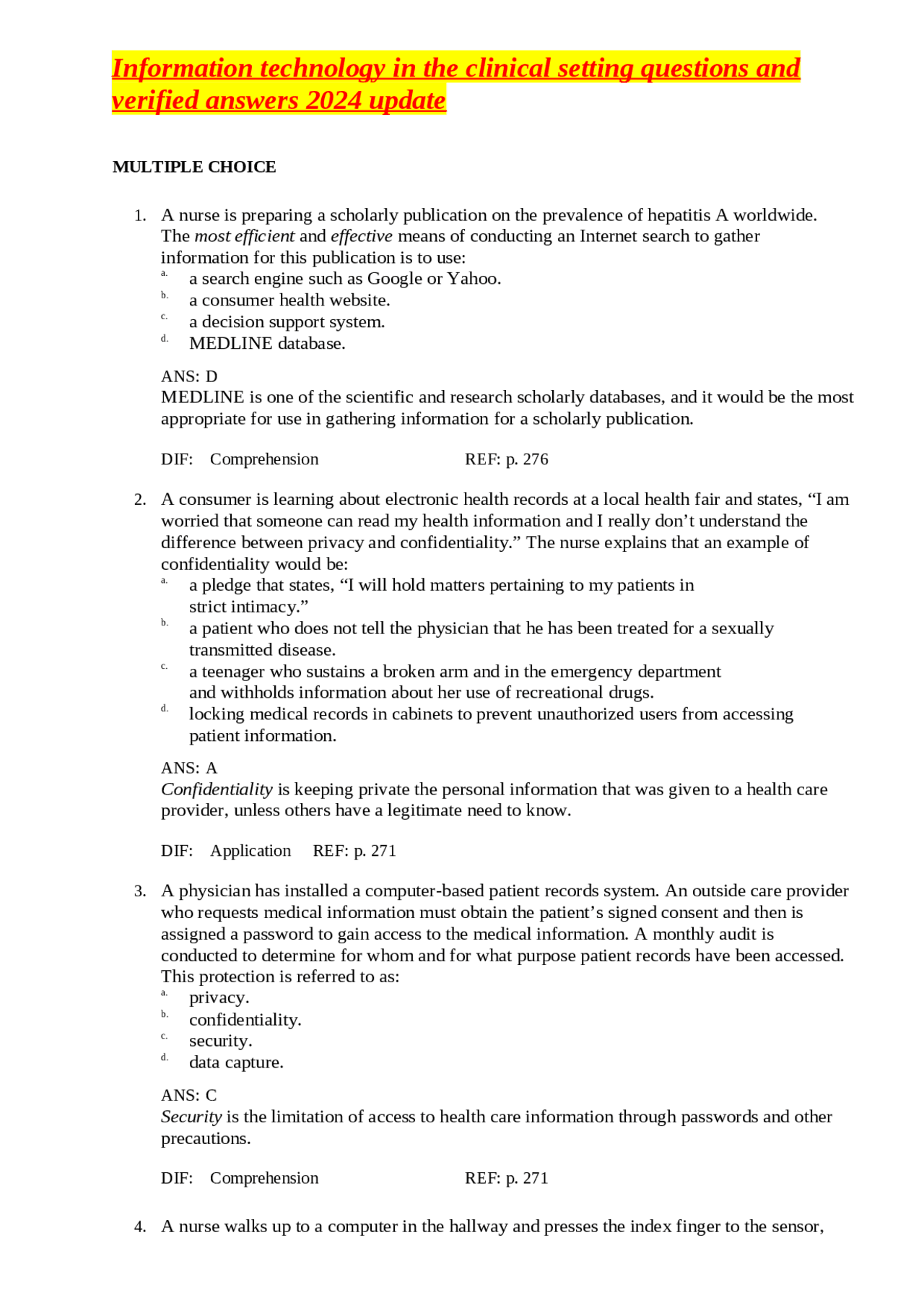 Information Technology in the Clinical Setting | Exams Nursing | Docsity