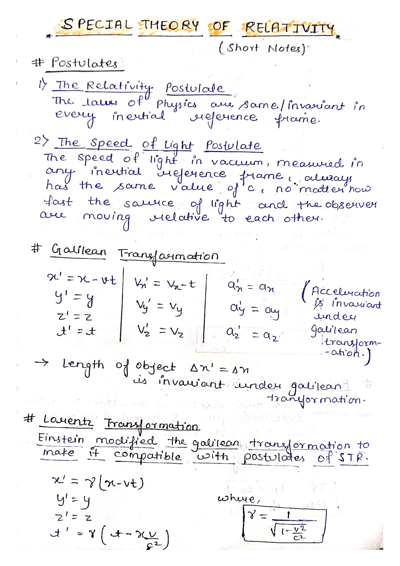 Short notes for special theory of relativity | Summaries Physics | Docsity
