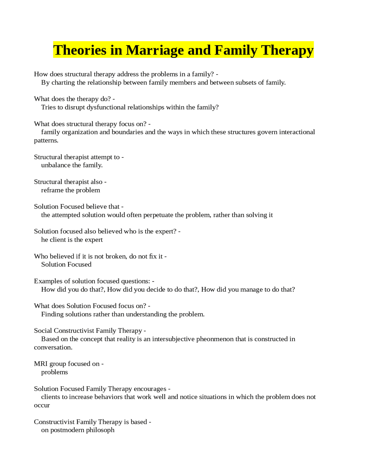 Theories in Marriage and Family Therapy | Exams Psychology | Docsity