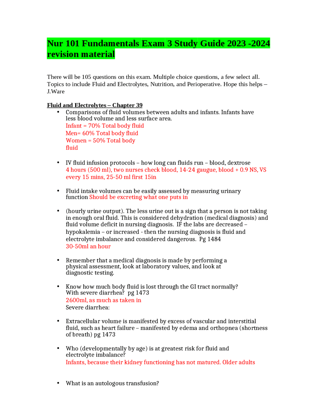 Nur 101 Fundamentals Exam 3 Study Guide | Exams Nursing | Docsity