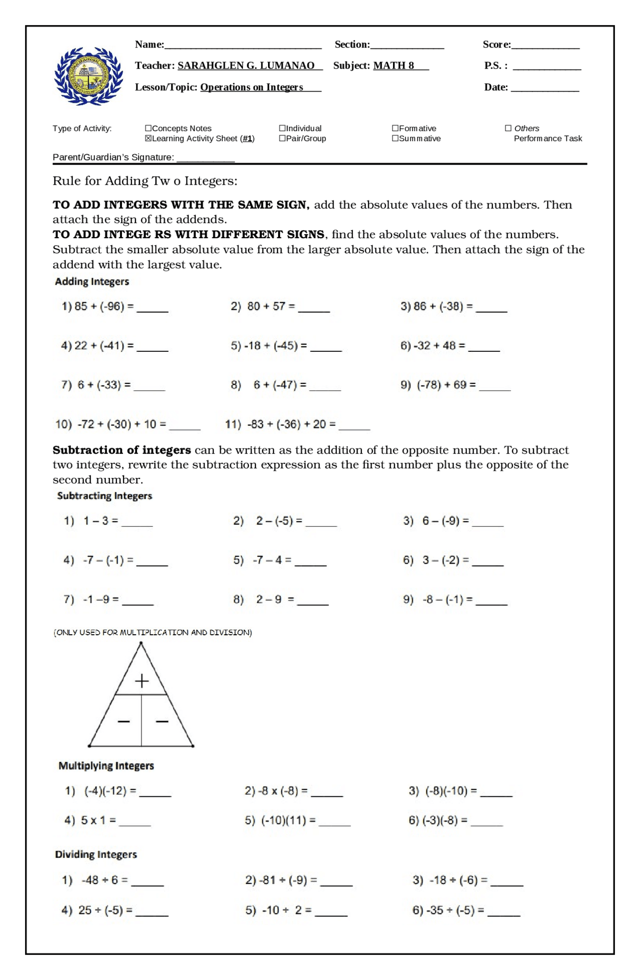 Learning Activity sheet for Grade eight level. It serves as a review of Grade Seven lesson ...