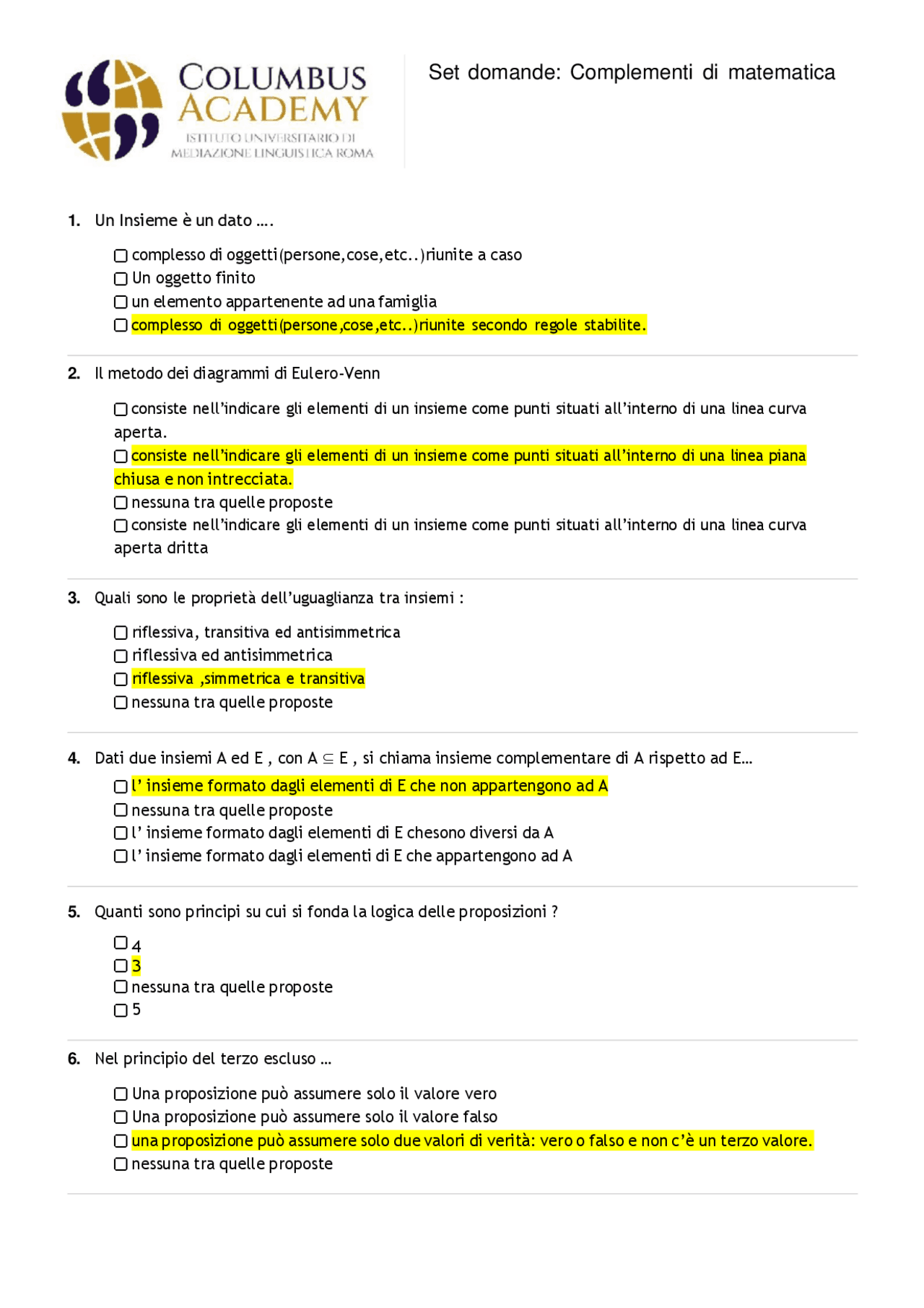 Paniere COMPLETO (Columbus Academy) - COMPLEMENTI DI MATEMATICA | Docsity