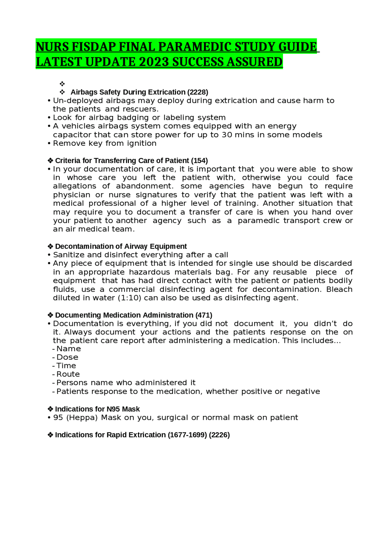 NURS FISDAP FINAL PARAMEDIC STUDY GUIDE LATEST UPDATE 2023 SUCCESS ...