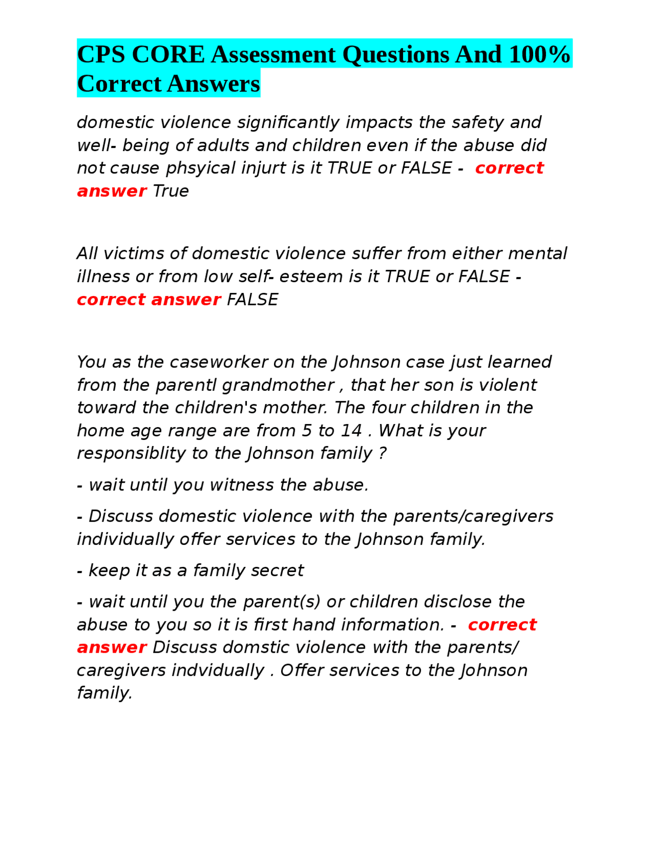 Cps Core Assessment Questions And 100 Correct Answers Exams Nursing 5405