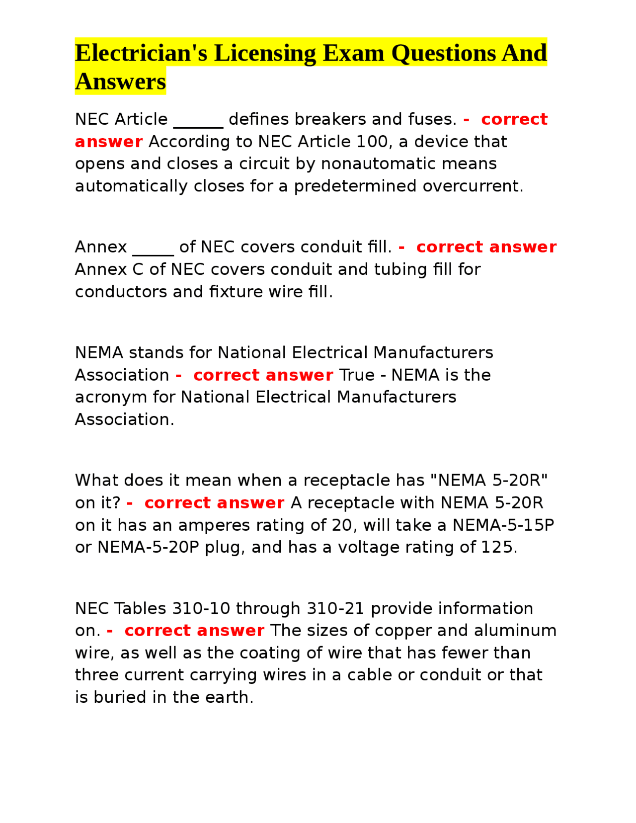 Electrician's Licensing Exam Questions And Answers | Exams Electrical ...