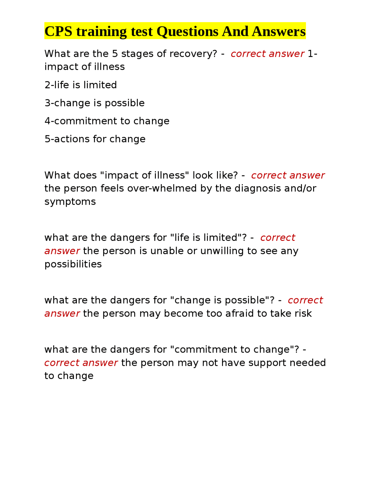 CPS training test Questions And Answers | Exams Nursing | Docsity