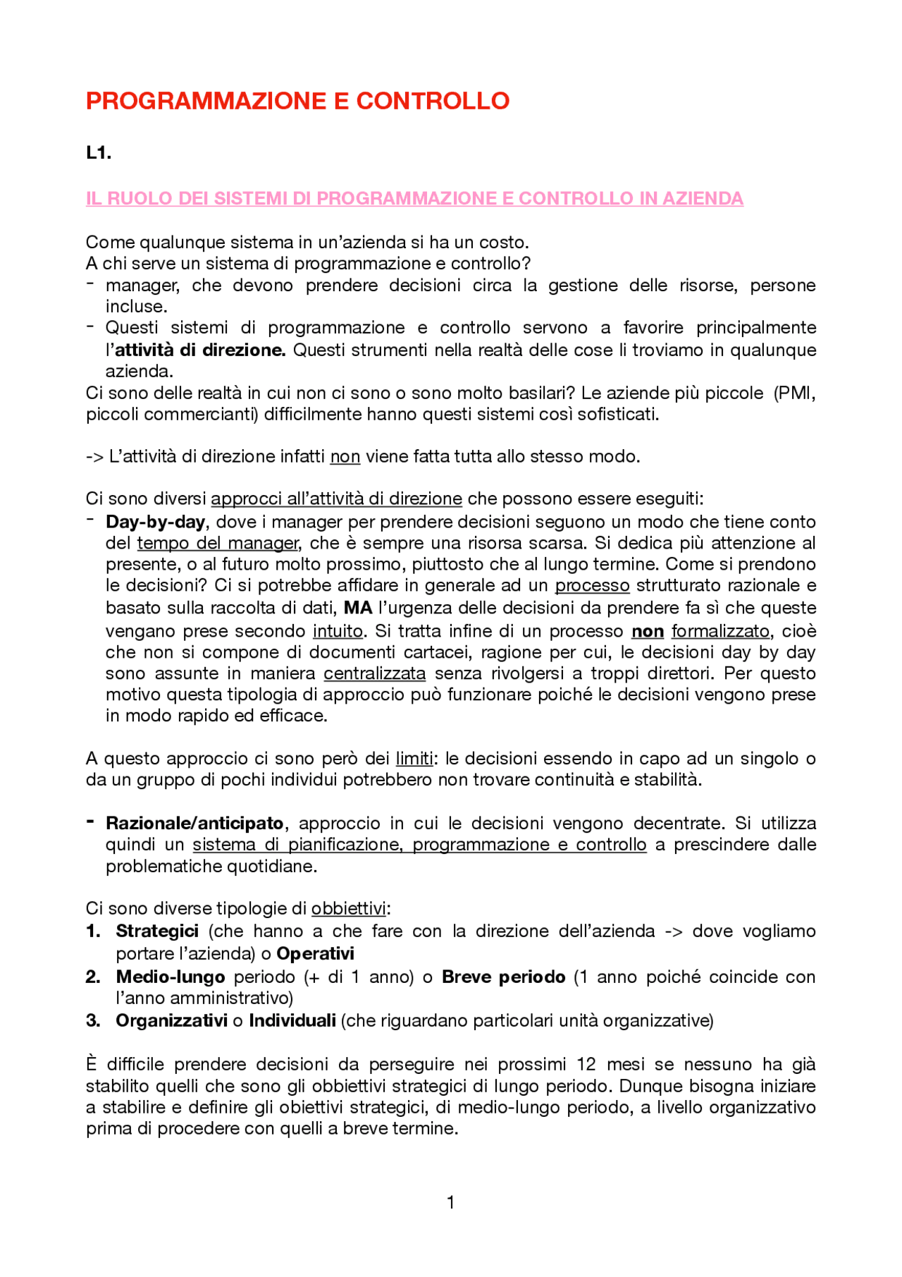 DISPENSA di Programmazione e Controllo, Prof. Stefano Baraldi (primo parziale) | Dispense di ...