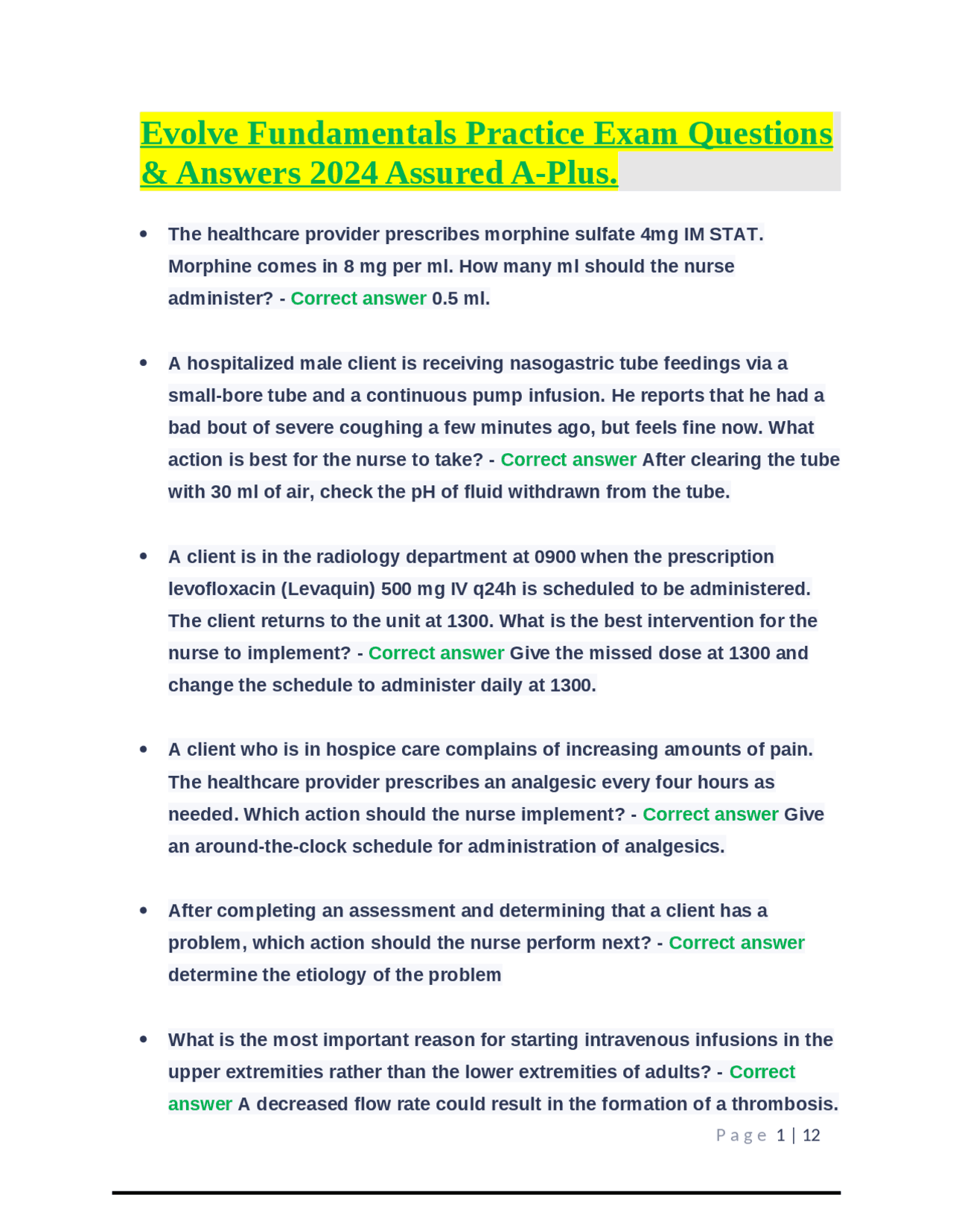 Evolve Fundamentals Practice Exam Questions & Answers 2024 Assured A ...